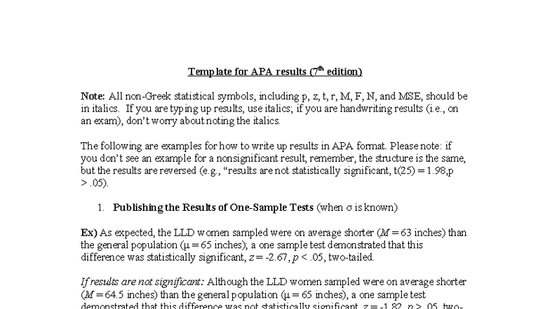 APA Results Template (7th Ed.) for Statistical Reporting - Studocu