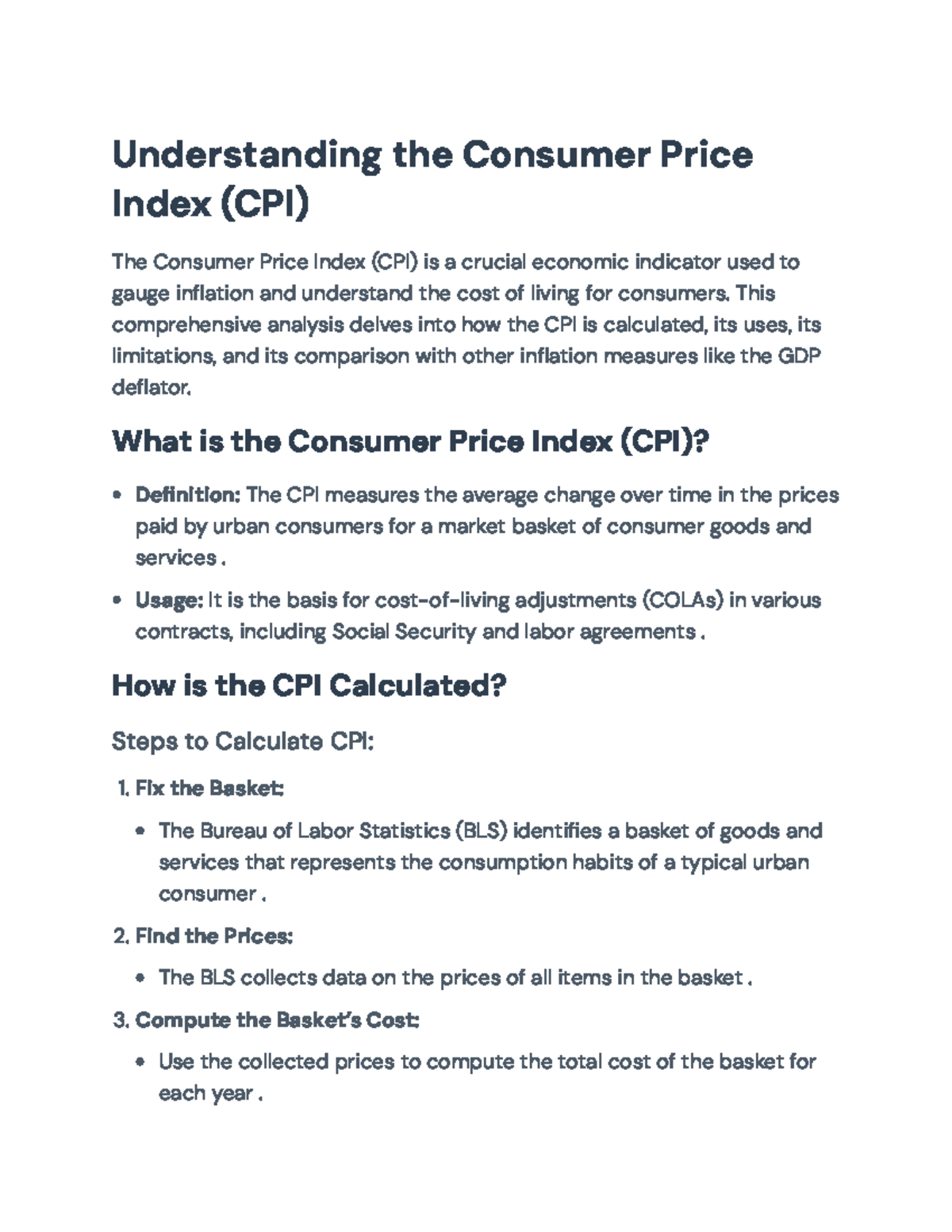 CPI Analysis and Calculation: Understanding Consumer Price Index - Studocu