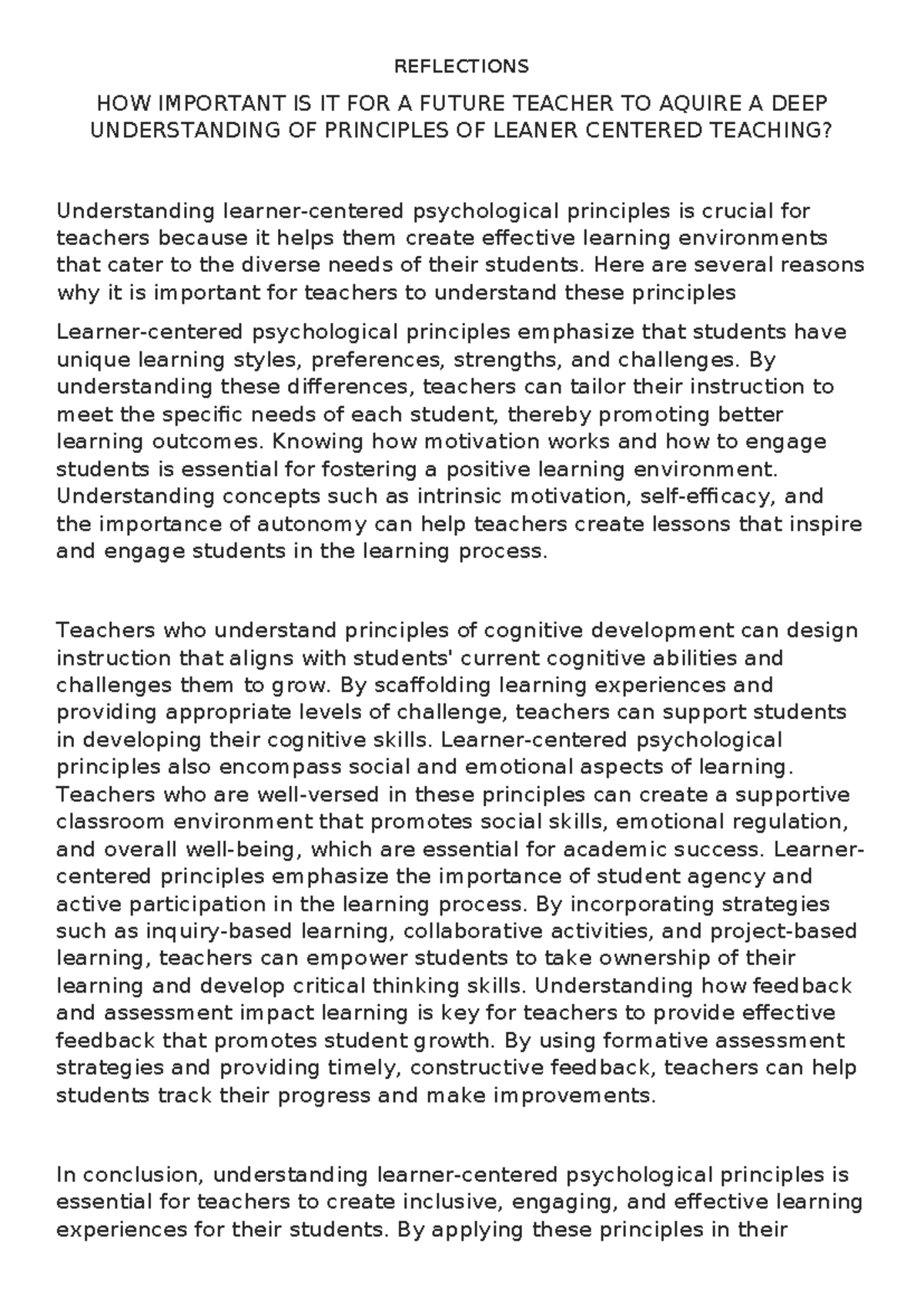 Understanding Learner-Centered Teaching Principles for Future Educators - Studocu