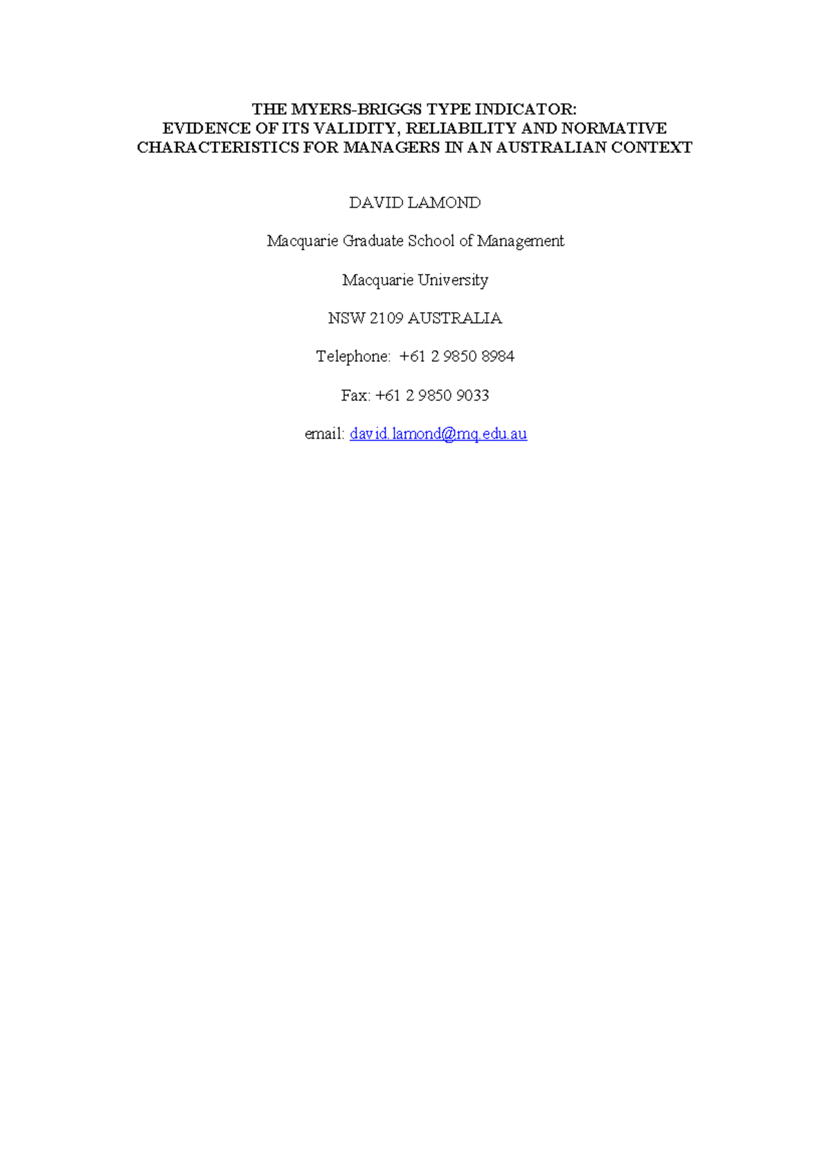 MBTI Research: Validity, Reliability & Norms for Australian Managers ...