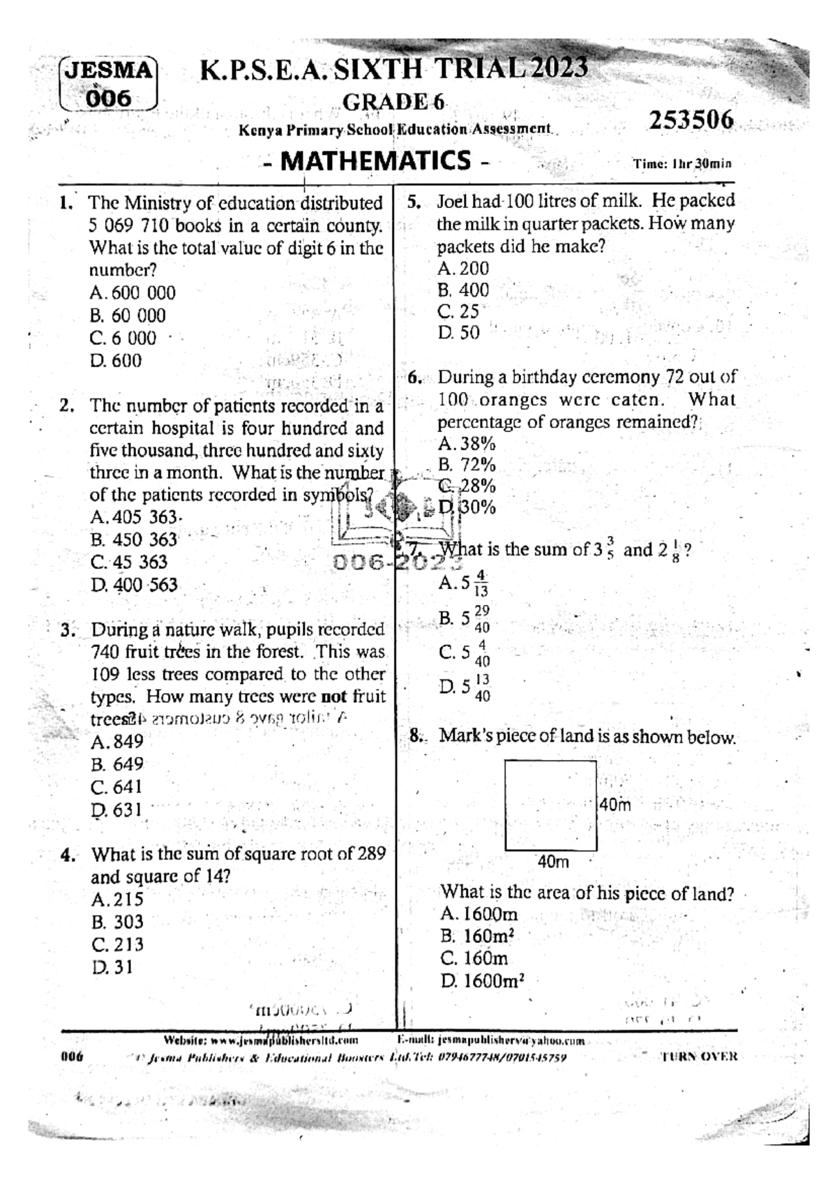 G6 Maths JESMA 006 - Trial Exam 2023 Questions and Solutions - Studocu