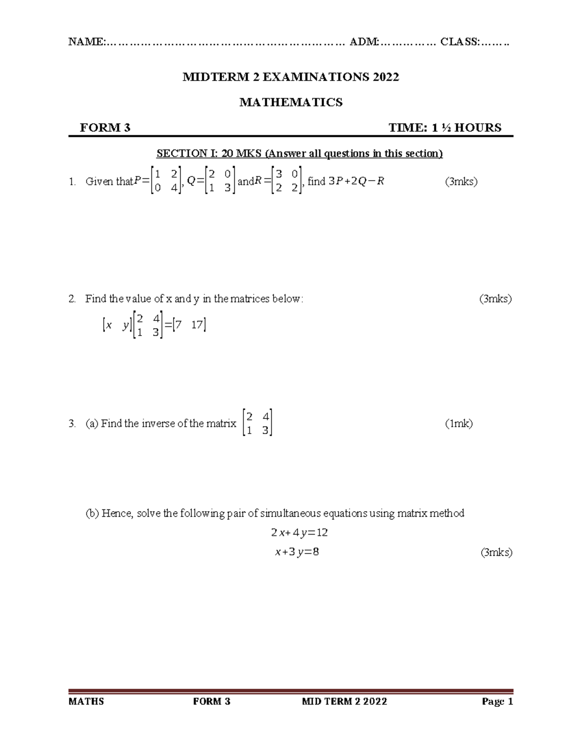 MATHS FORM 3 MIDTERM 2 EXAMINATION 2022 REVISION NOTES - Studocu