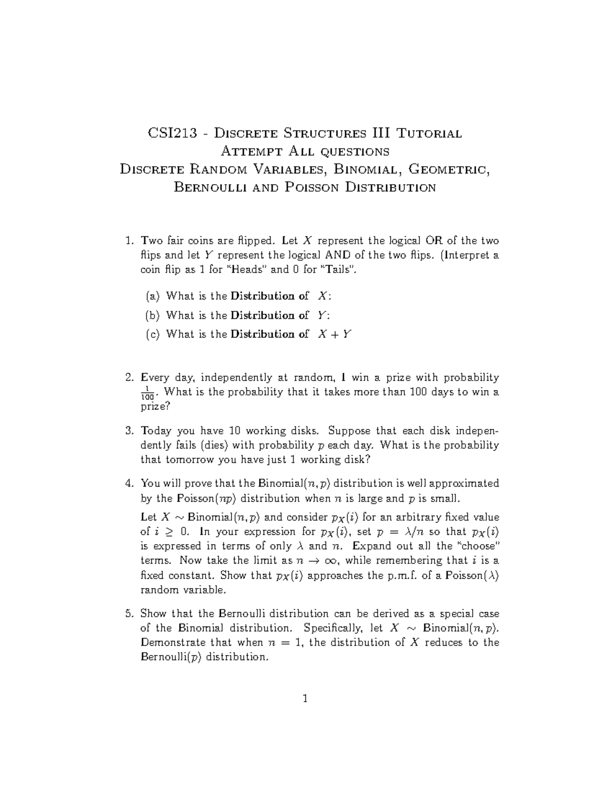 CSI213 Discrete Structures Tutorial II: Probability & Distributions - Studocu
