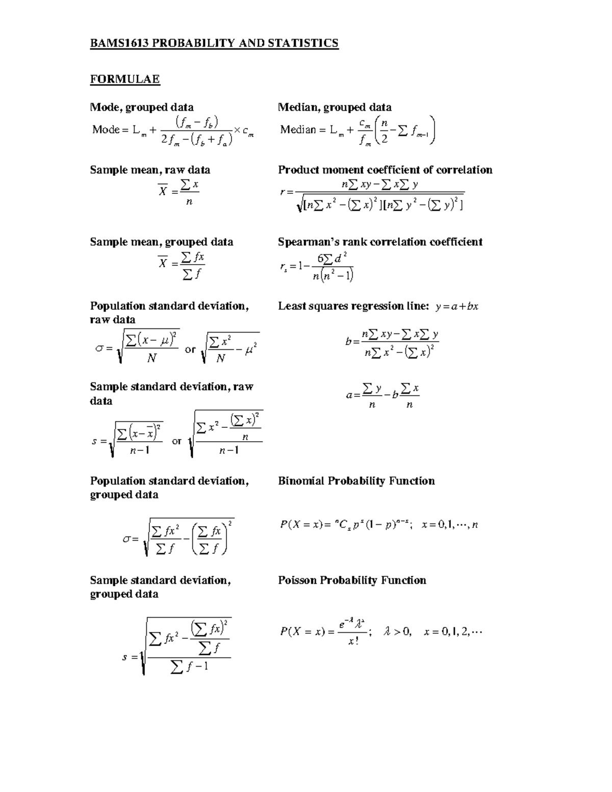 BAMS1613 Probability & Statistics Formulae and Tables - Studocu