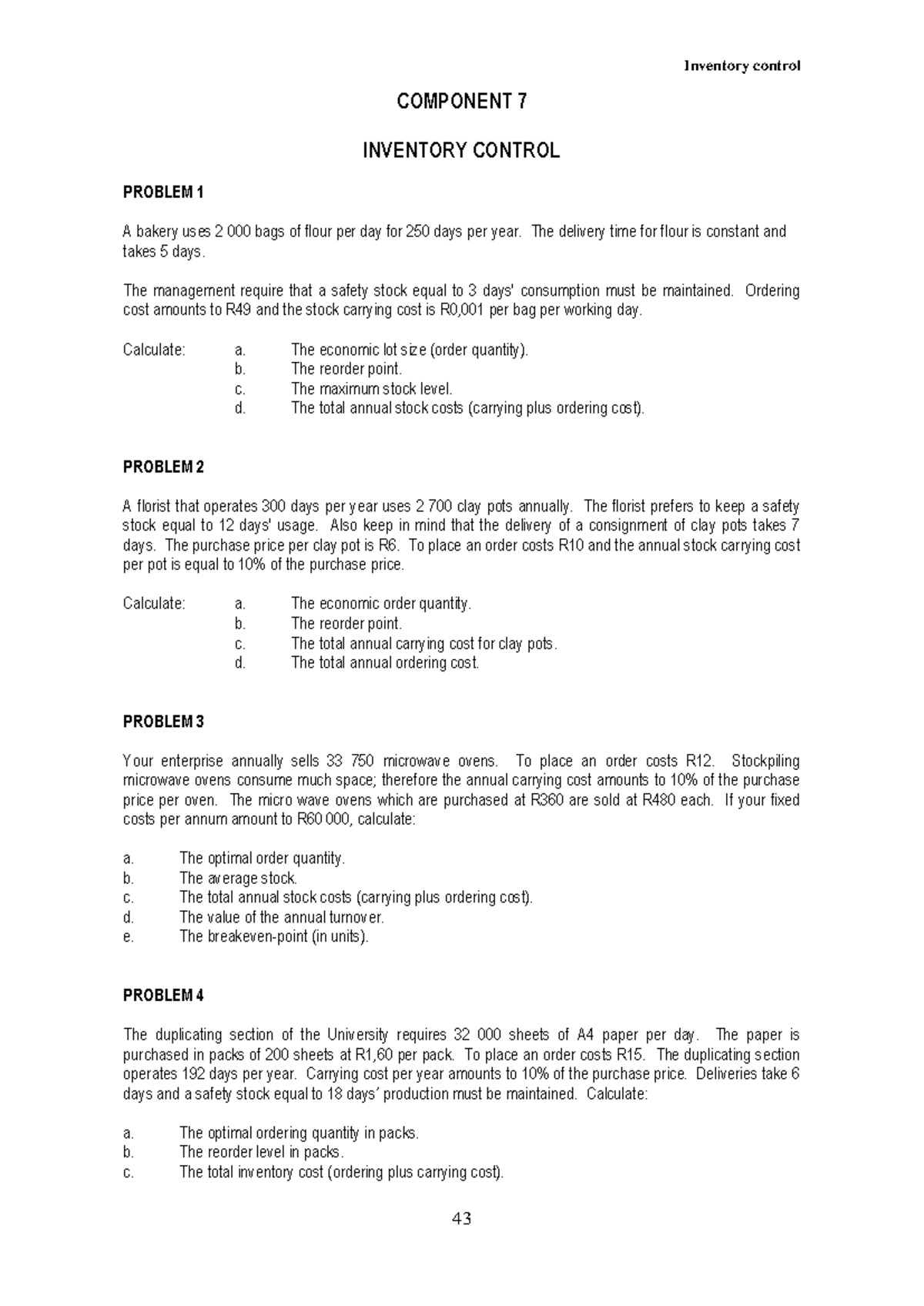 Inventory Control Exercises & Solutions - Component 7 - Studocu
