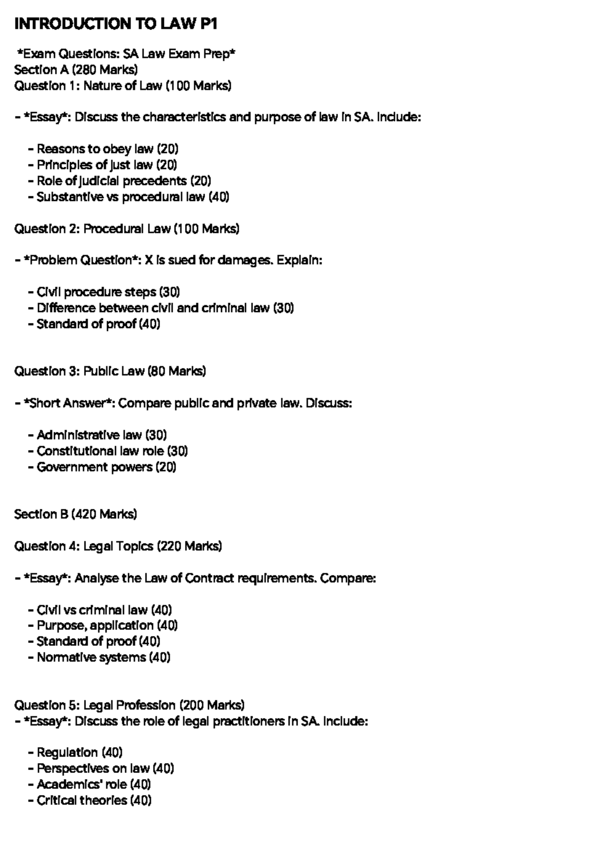 Introduction to Law P1 - SA Law Exam Questions & Analysis - Studocu
