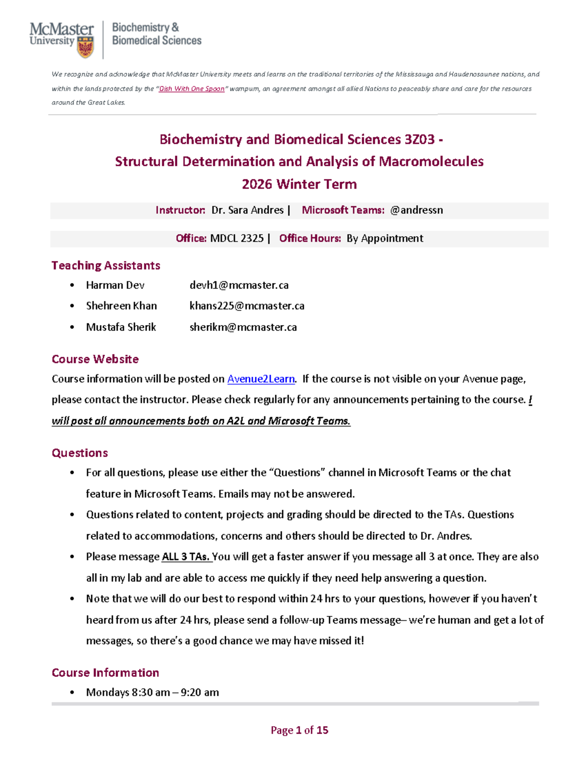 Biochem 3Z03 - W2026 Course Outline: Structural Biology Insights - Studocu
