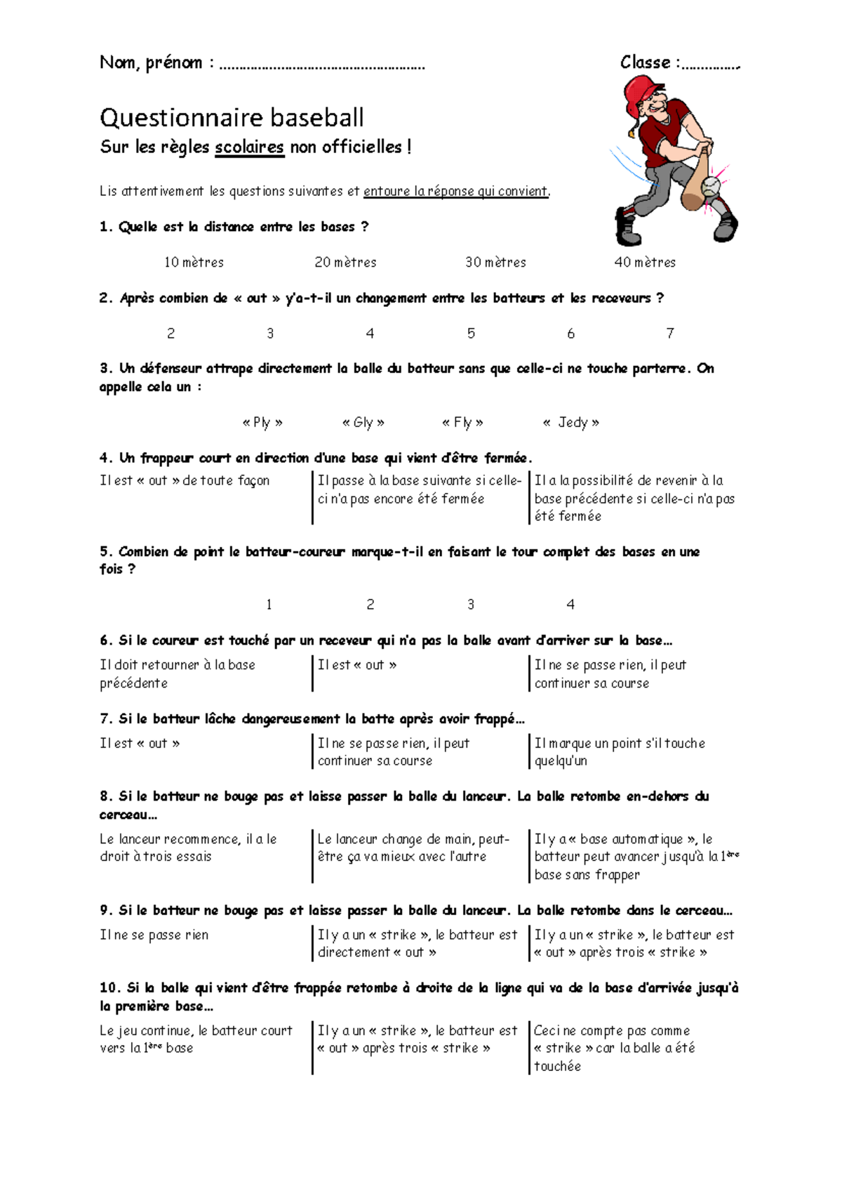 Questionnaire sur les Règles de Baseball - Classe Non Officielle - Studocu