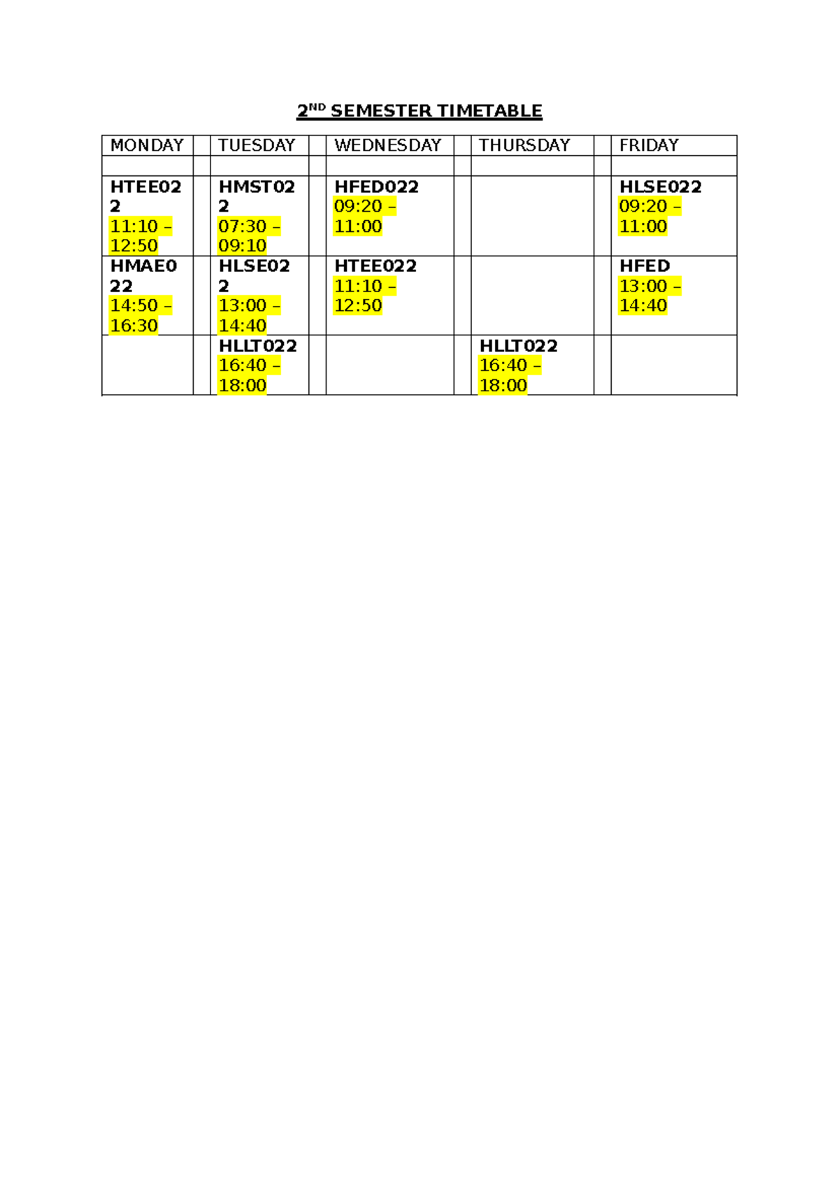 2ND Semester Timetable - HLSE011 - 2 ND SEMESTER TIMETABLE MONDAY ...
