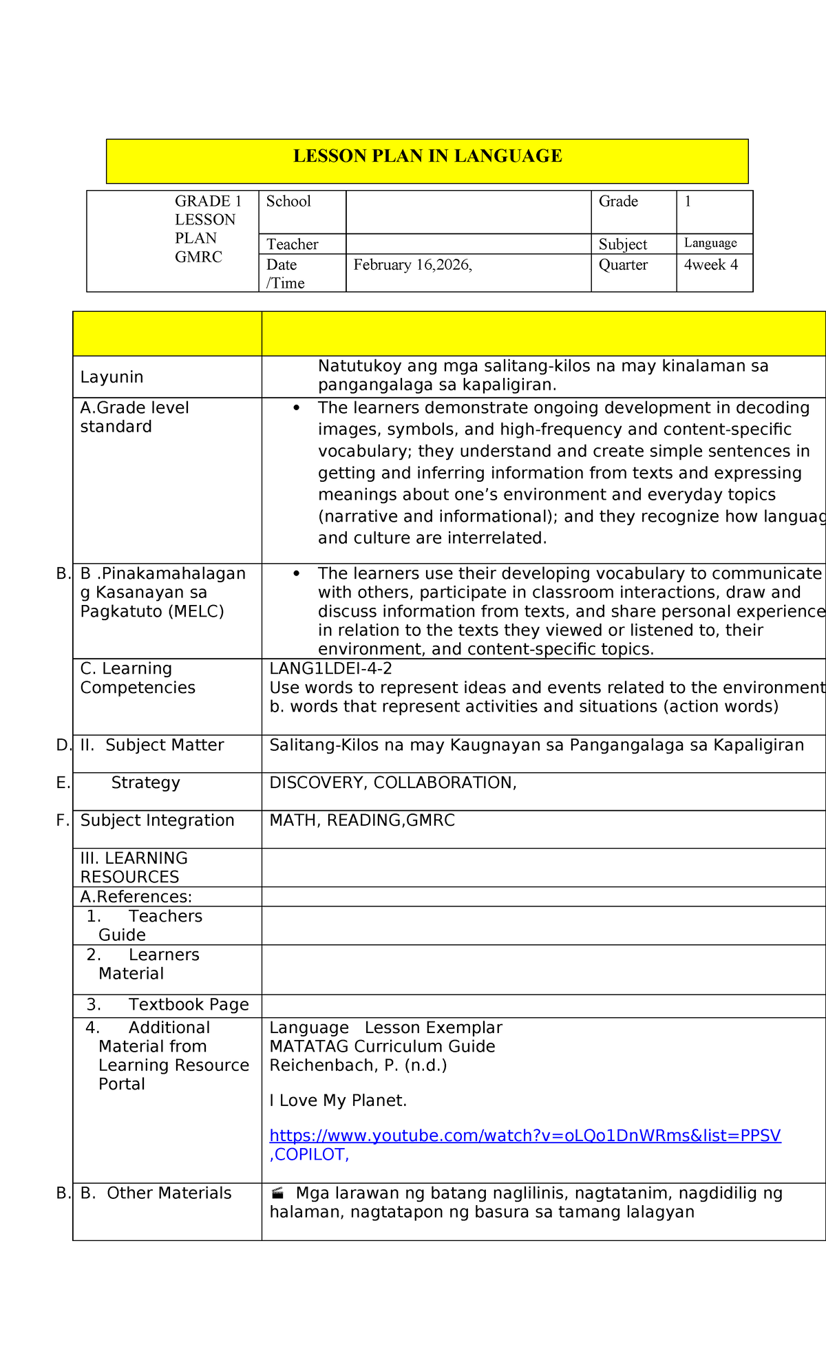Grade 1 Language Lesson Plan: Environmental Awareness Activities - Studocu