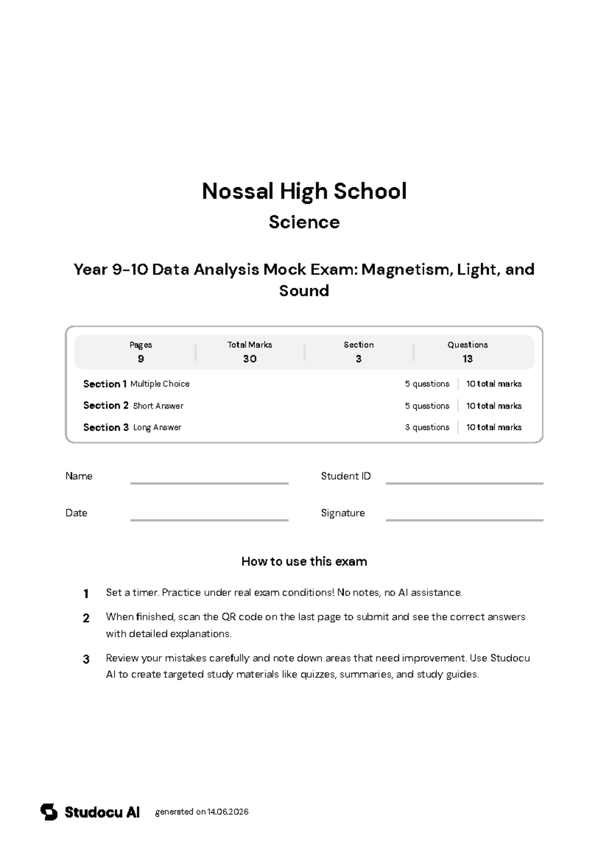 Year 9-10 Data Analysis Mock Exam: Magnetism, Light, and Sound - Studocu