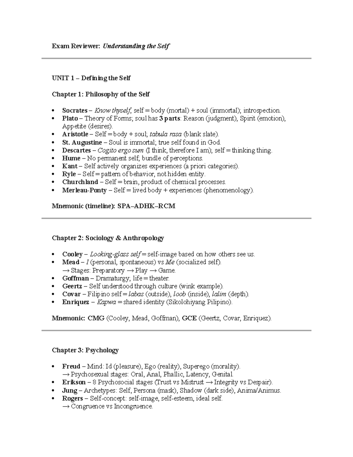 📘 Exam Reviewer UTS: Understanding the Self - Key Concepts & Mnemonics ...