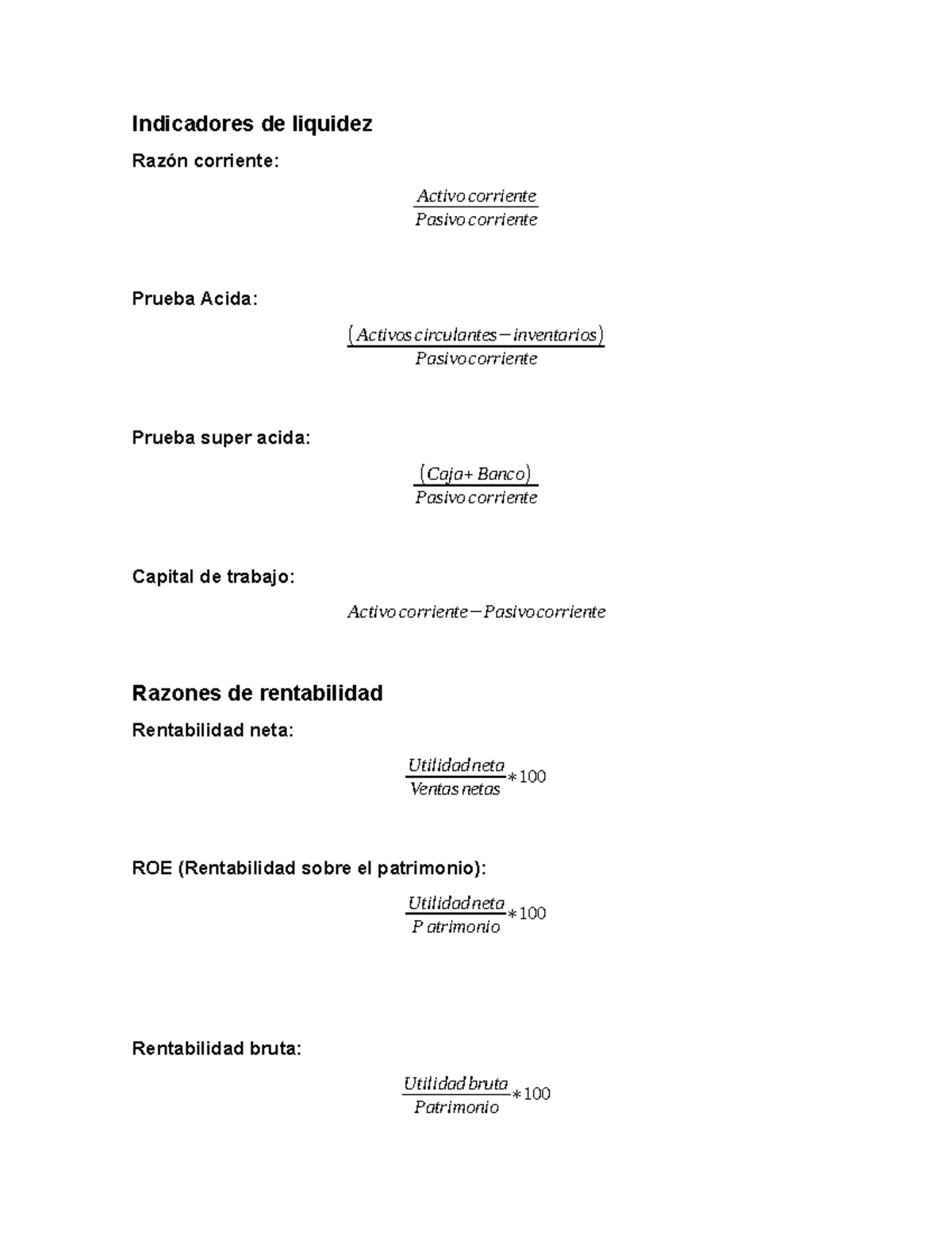 Formulas de Indicadores Financieros - Contabilidad Unidad 3 - Studocu