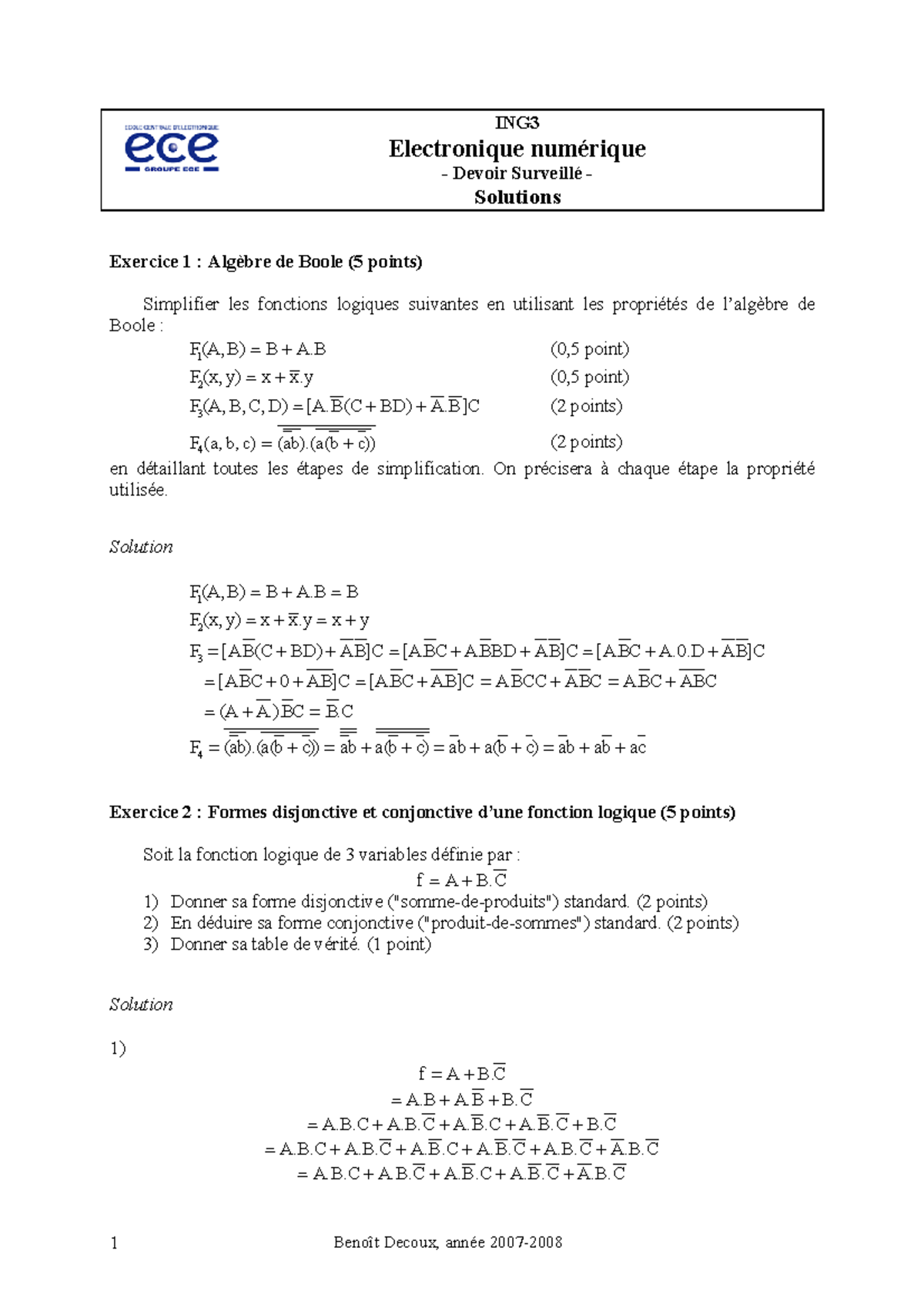 ING3 Electronique Numérique Devoir Surveillé : Solutions et ...
