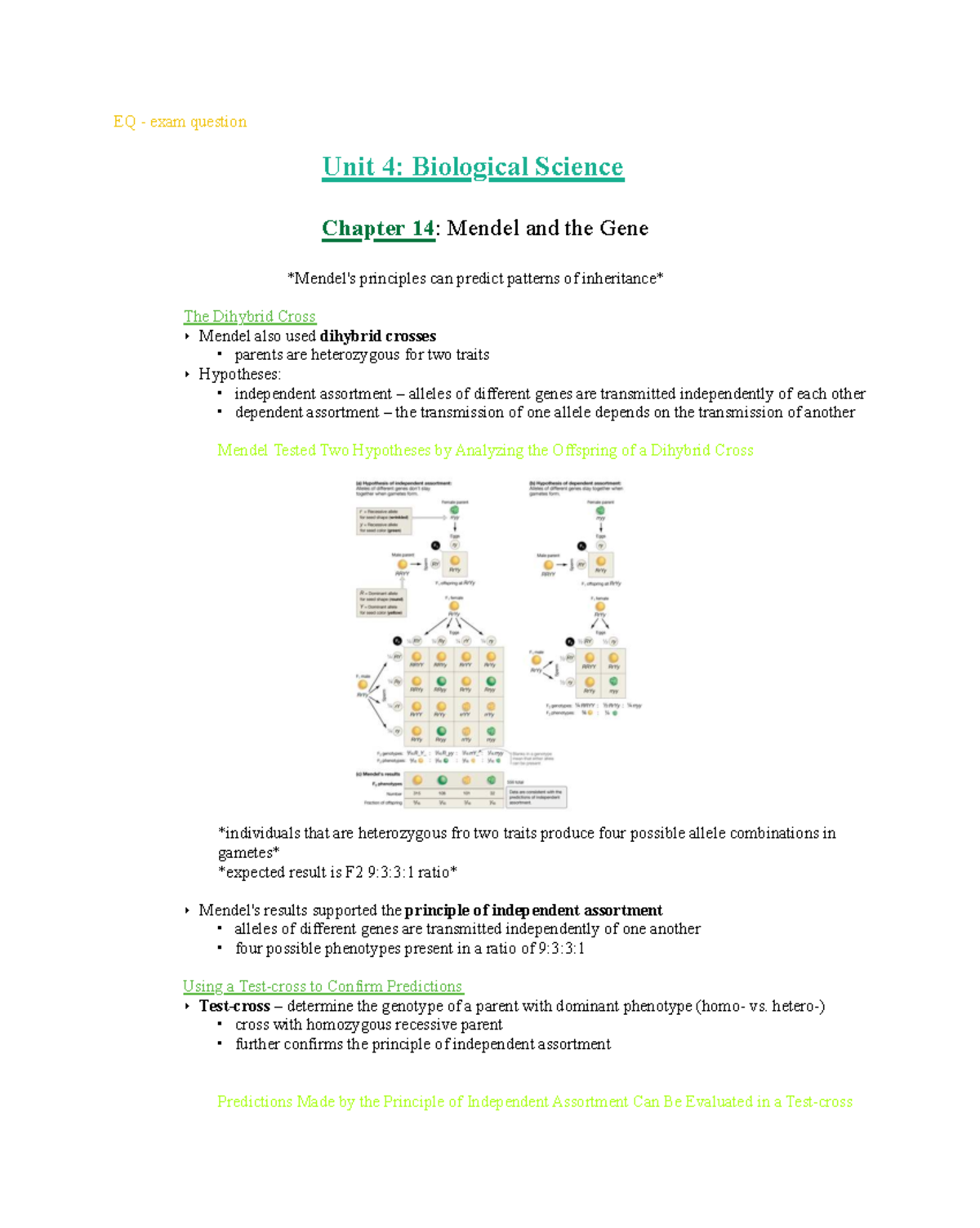 Chapter 14: Mendel's Inheritance Principles & Meiosis - EQ Exam Notes ...