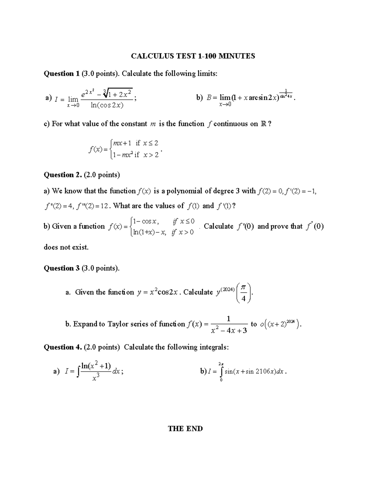 Calculus TEST 1-2024 - dsfasd - CALCULUS TEST 1-100 MINUTES Question 1 ...