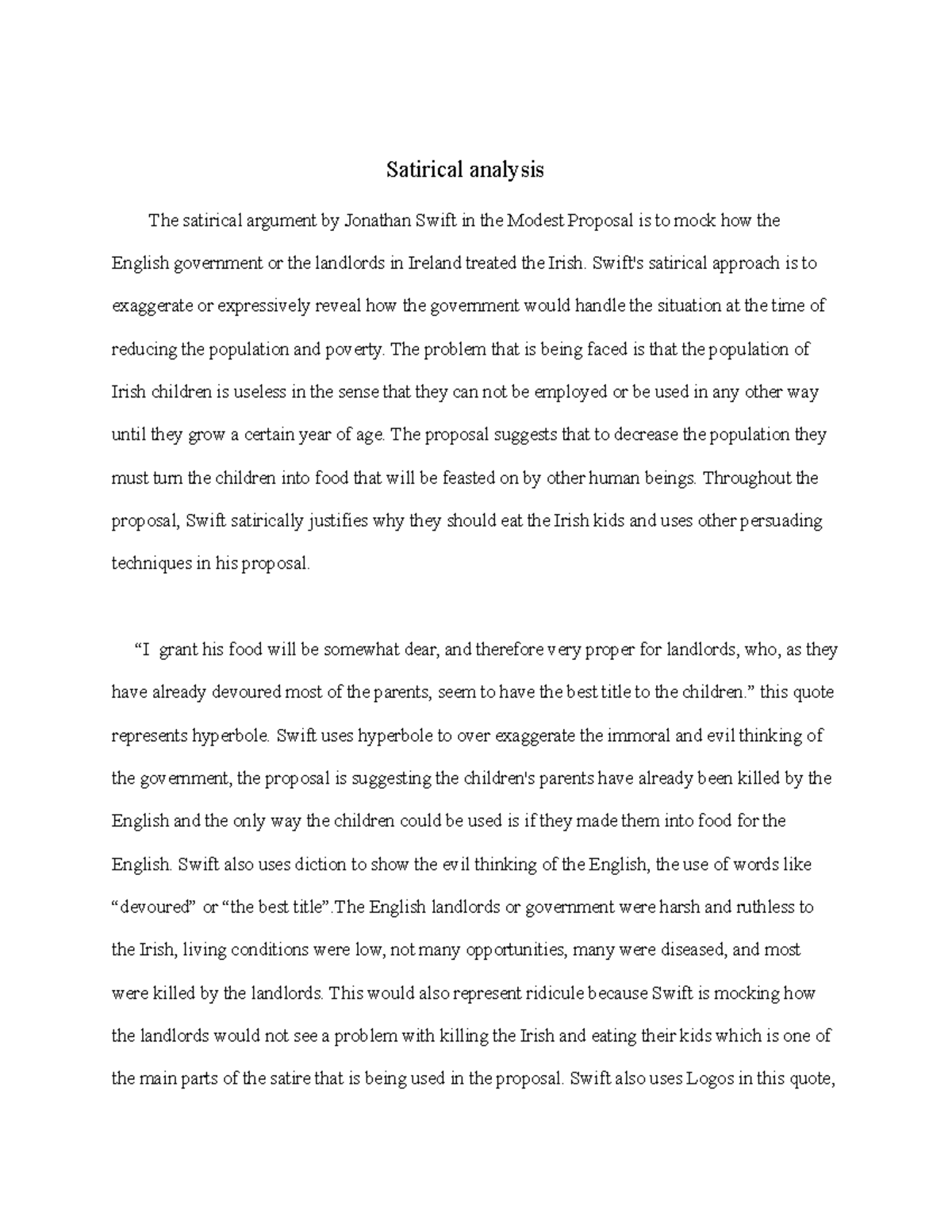 ENG102 Satirical Analysis of Jonathan Swift's A Modest Proposal - Studocu