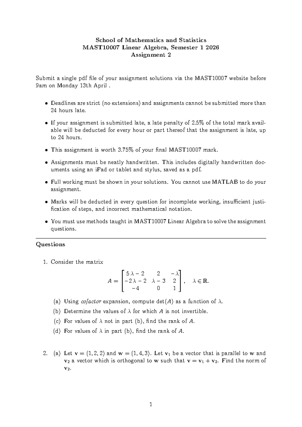 Linear Algebra Assignment 2 - Semester 1 2026 - Studocu