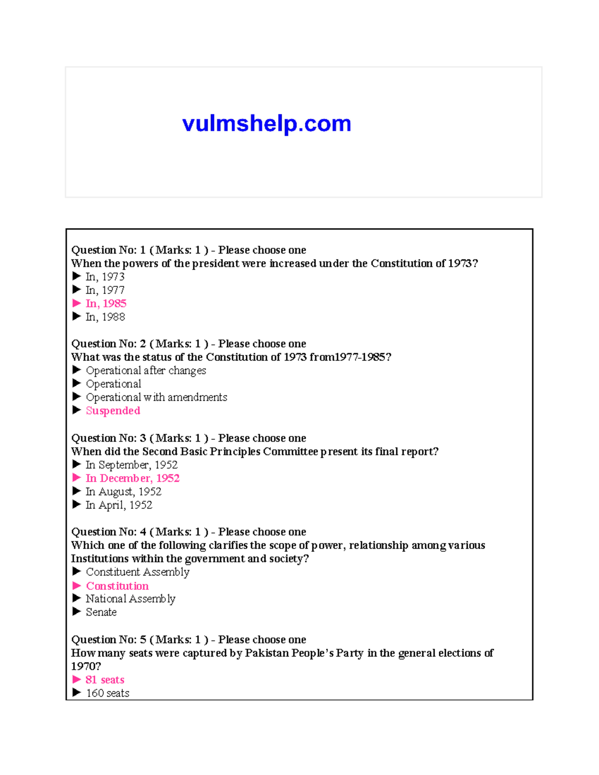 Pak302 Final Term Past Paper Questions and Answers Compilation - Studocu