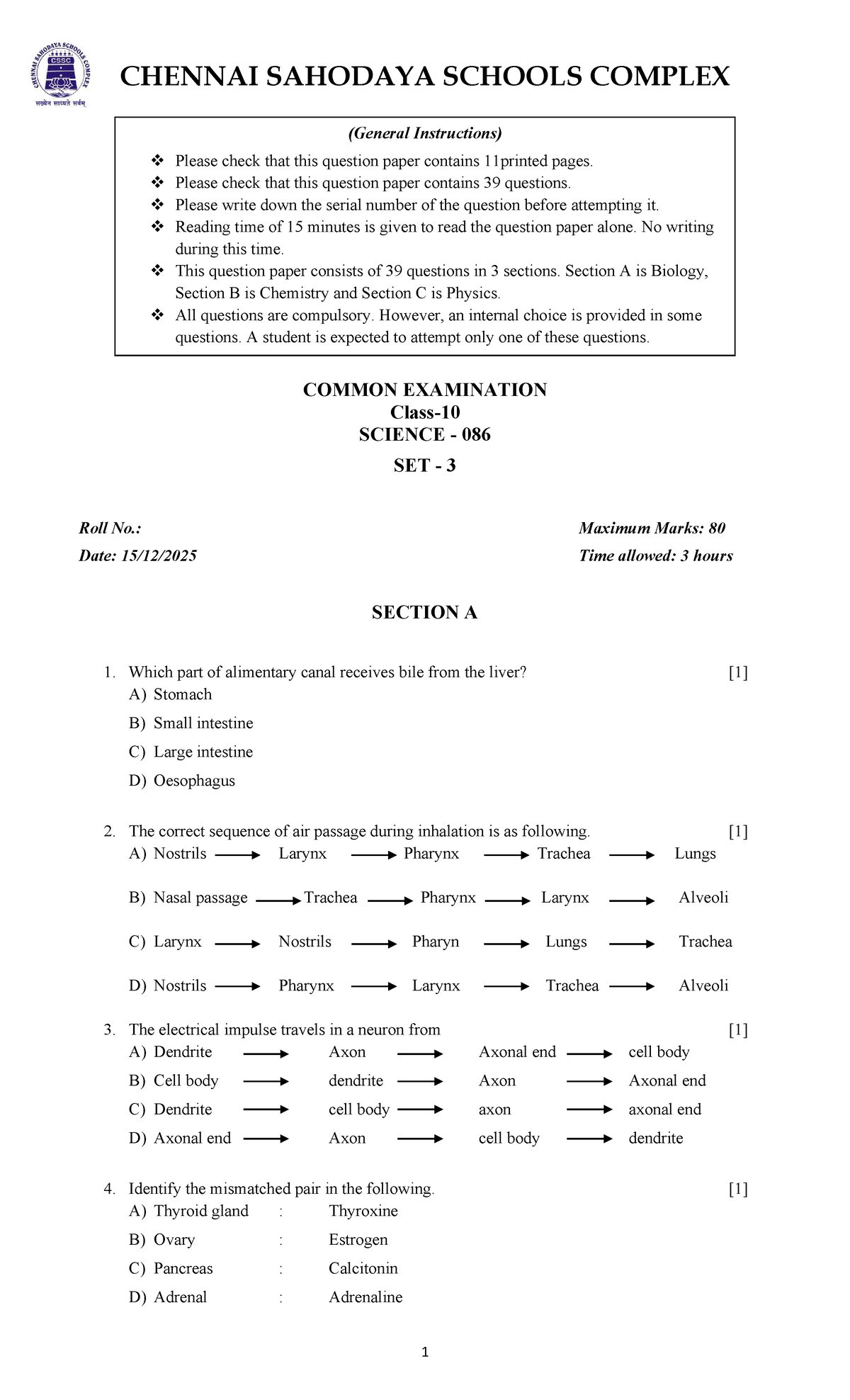 Chennai Sahodaya Class 10 Science Common Exam Paper 2025-26 - Studocu