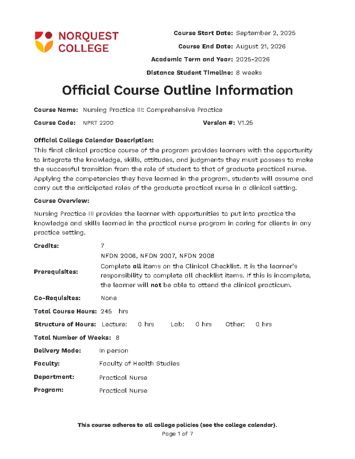 NPRT 2200 Nursing Practice Comprehensive Course Outline V1.25 - Studocu