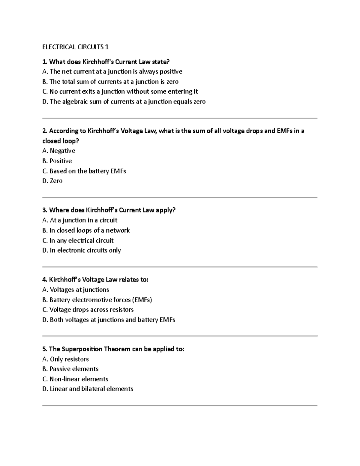 ELECTRICAL CIRCUITS 1 - Practice Simulation Exam Questions - Studocu