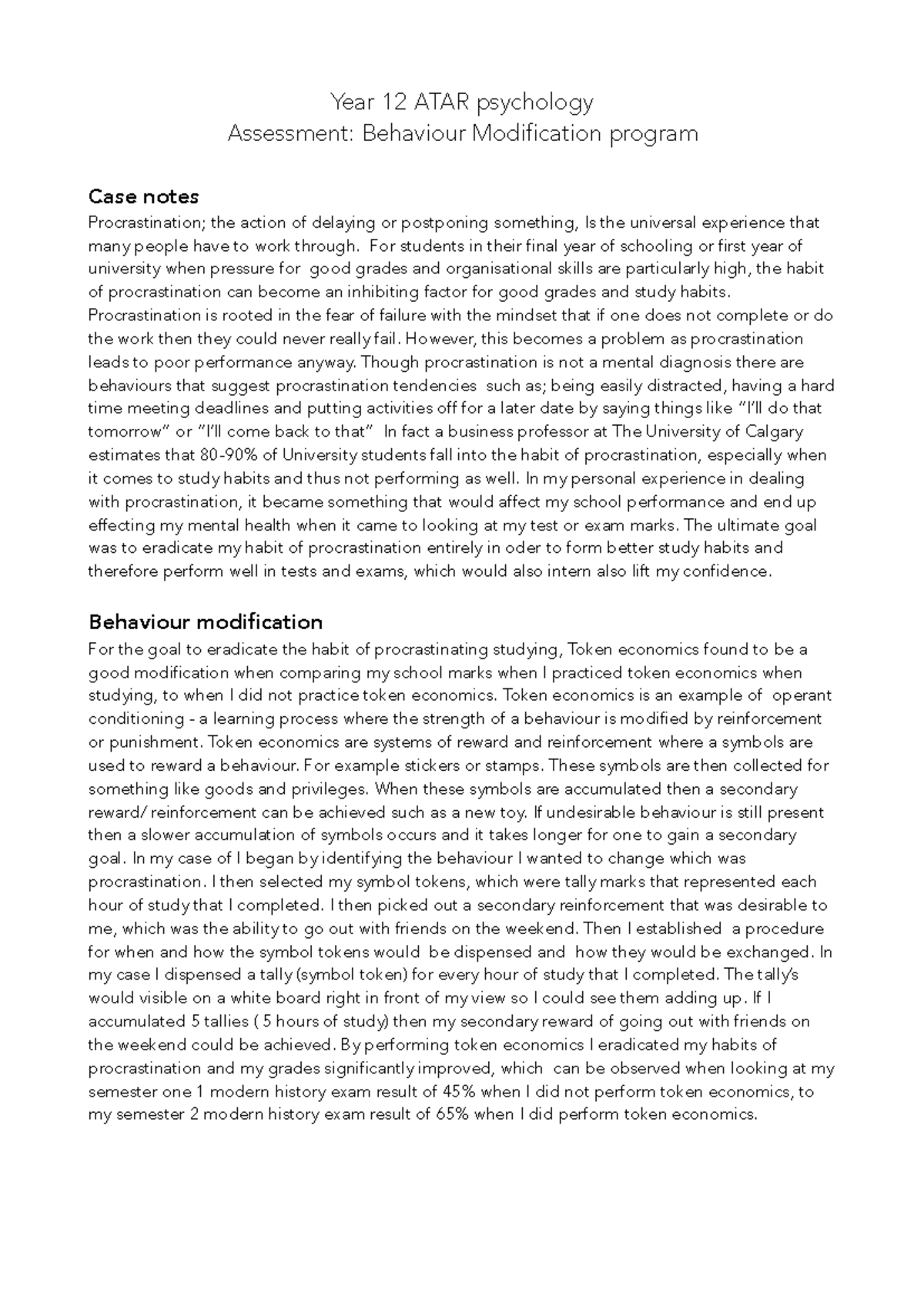 Year 12 ATAR Psychology: Behaviour Modification Program on ...