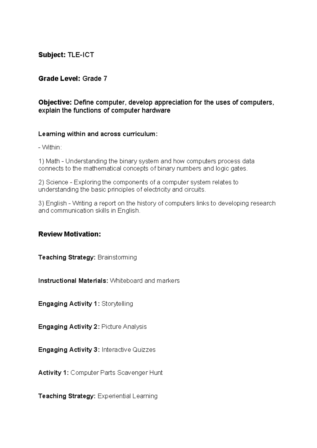 Lesson plan (10) - FOR GUIDE ONLY - Subject: TLE-ICT Grade Level: Grade ...