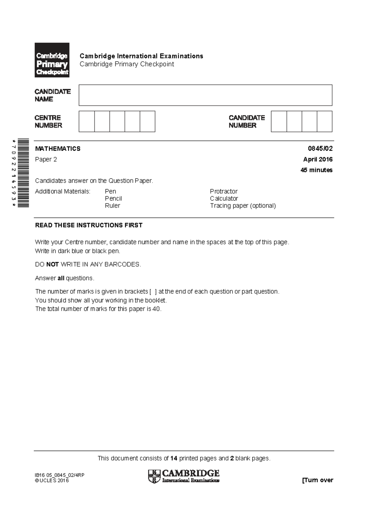 Primary Checkpoint Mathematics 0845 April 2016 Paper 2 Exam - Studocu