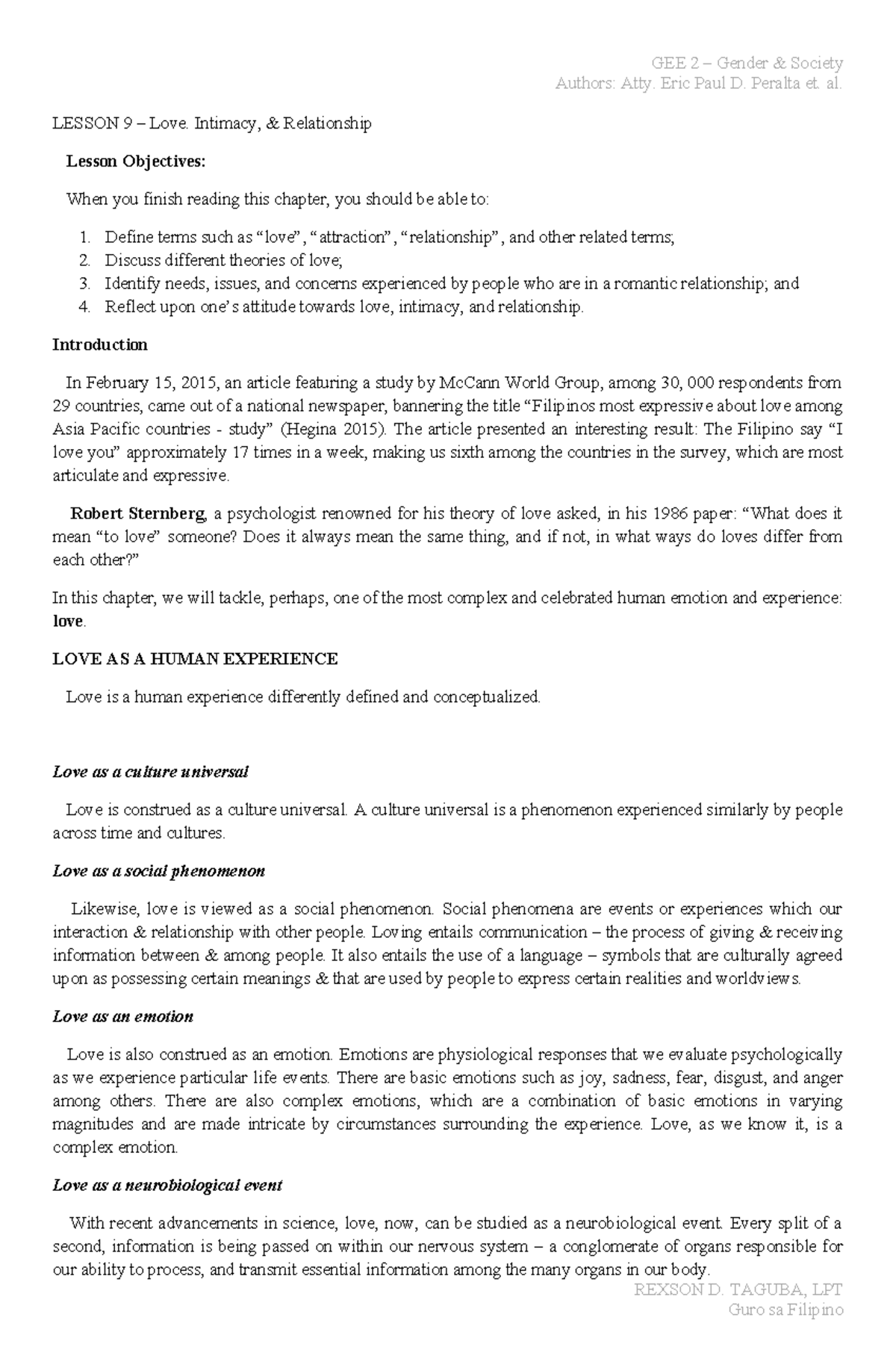 GEE 2 Gender Society: Lesson 9 - Love, Intimacy, and Relationships ...