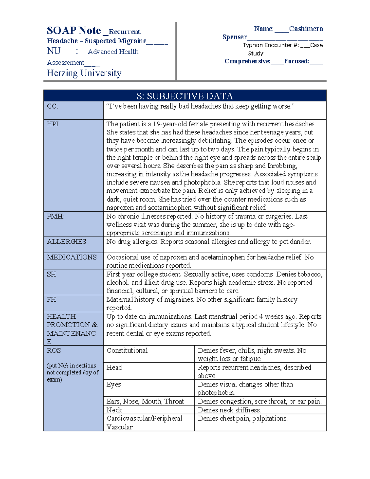 SOAP Note: Recurrent Headaches - Health Typhon Encounter (Herzing U ...