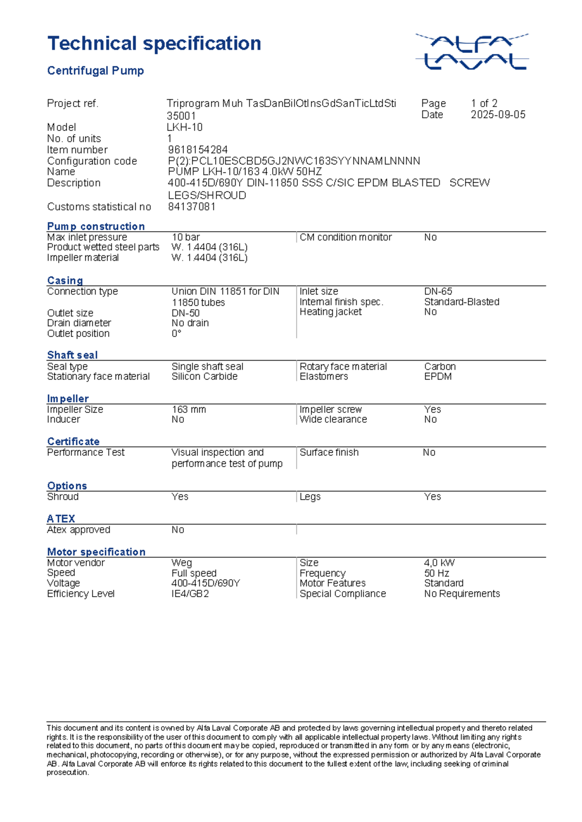Technical Specification for PUMP LKH-10 4.0kW 50Hz - Studocu