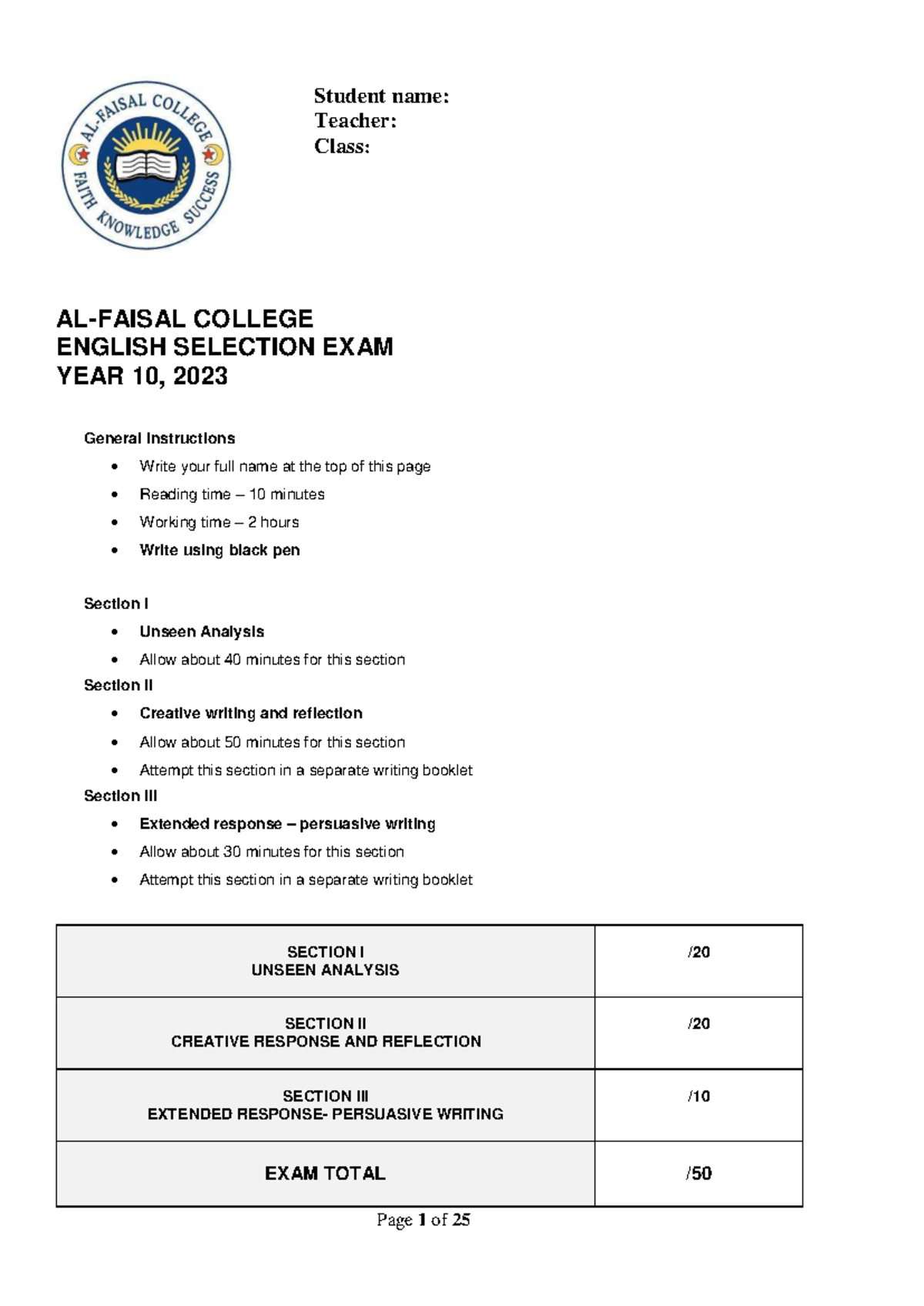 2023 Year 10 English Selection Exam: Unseen Analysis & Creative Writing ...