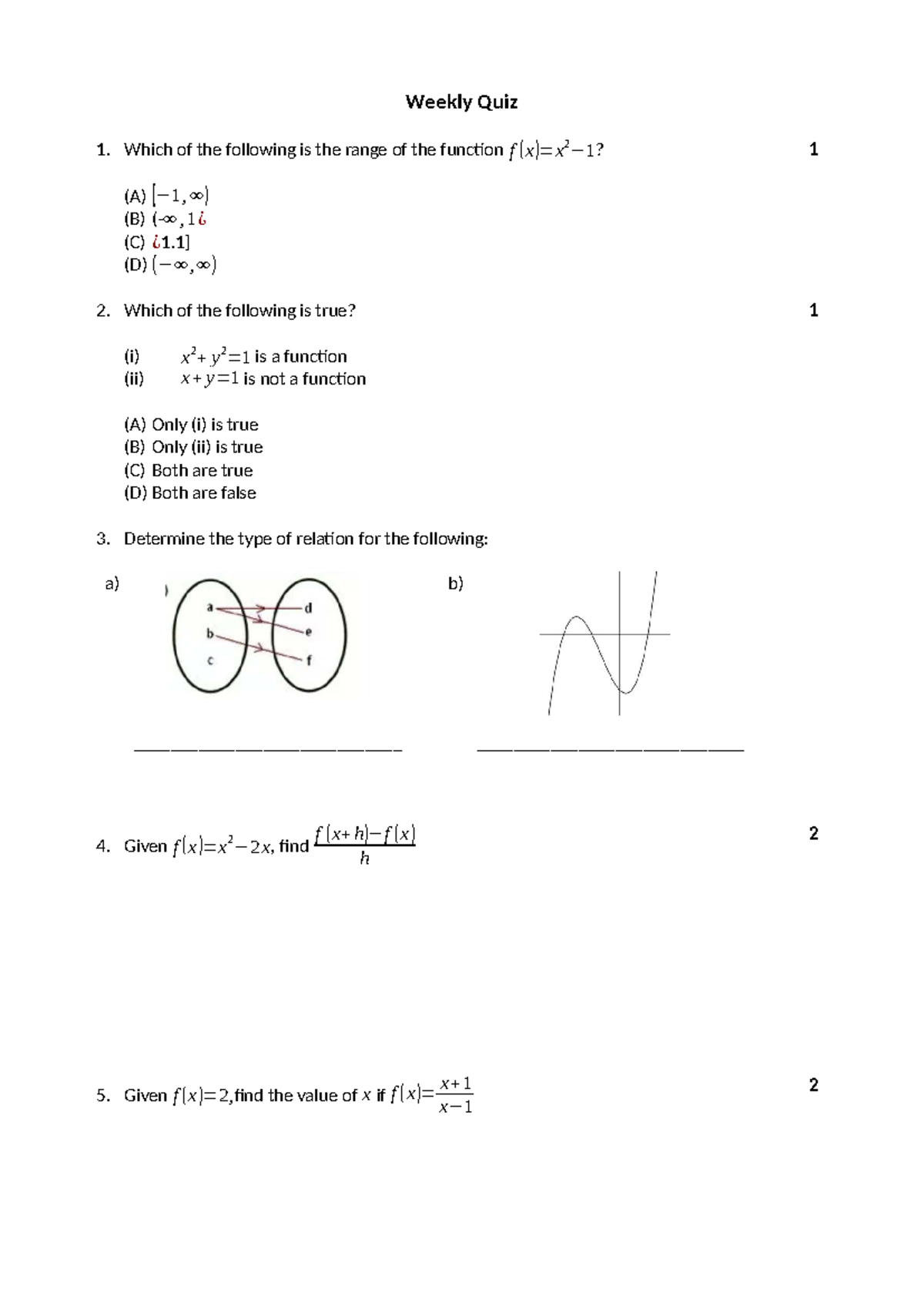 Weekly Quiz 1 - Math Functions and Relations - Studocu