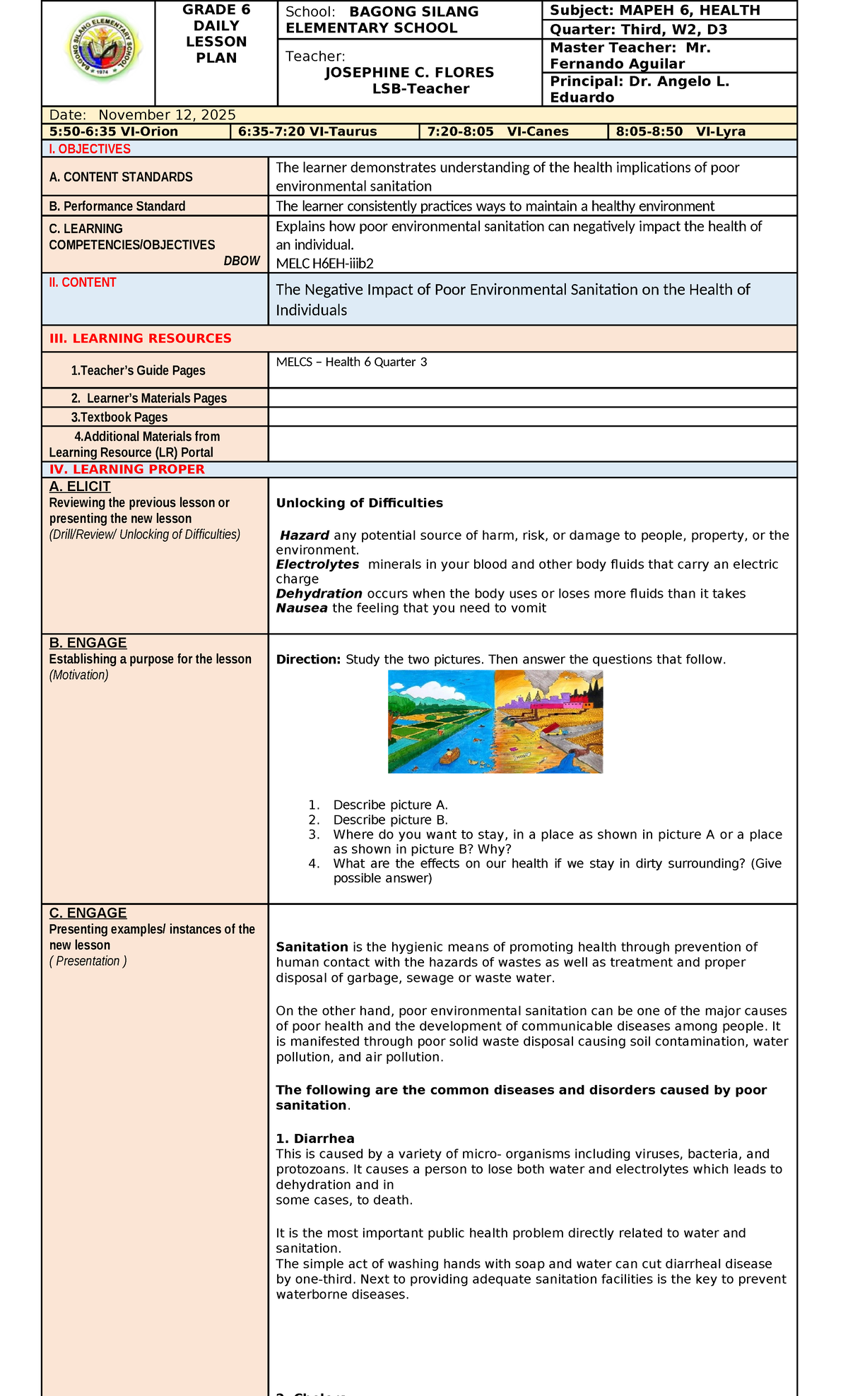 GRADE 6 MAPEH 6 DAILY LESSON PLAN: Health & Sanitation Impacts - Studocu