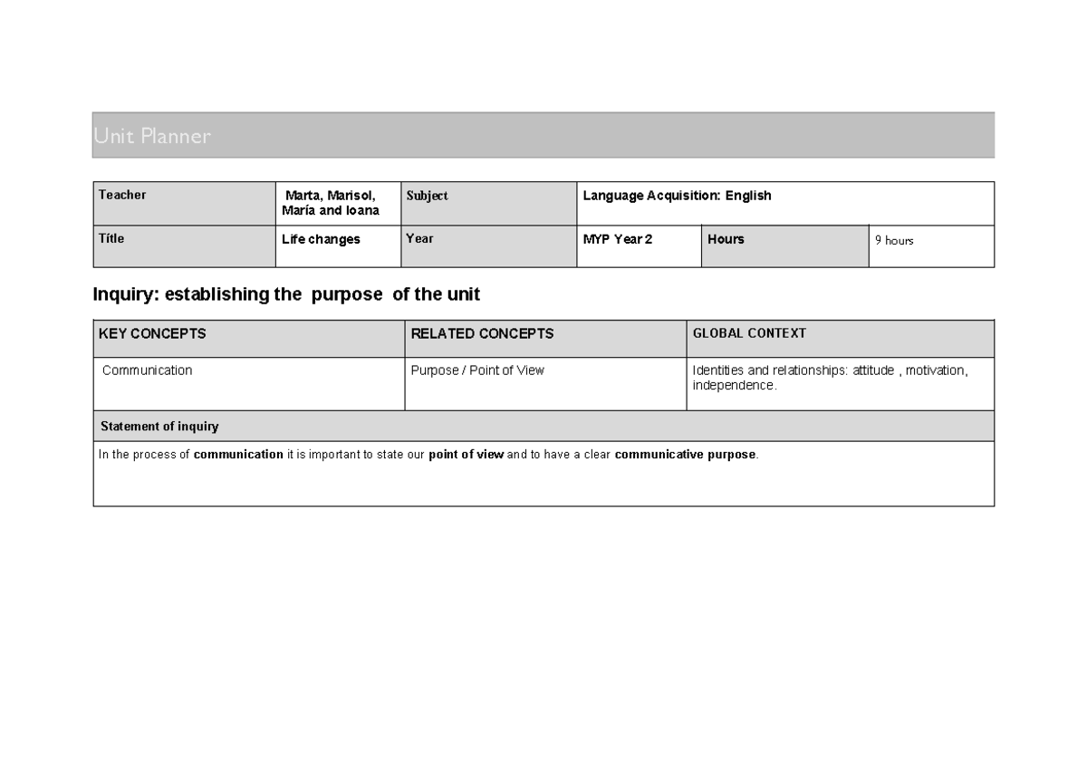 MYP Year 2 Unit Planner: Life Changes in Language Acquisition - Studocu