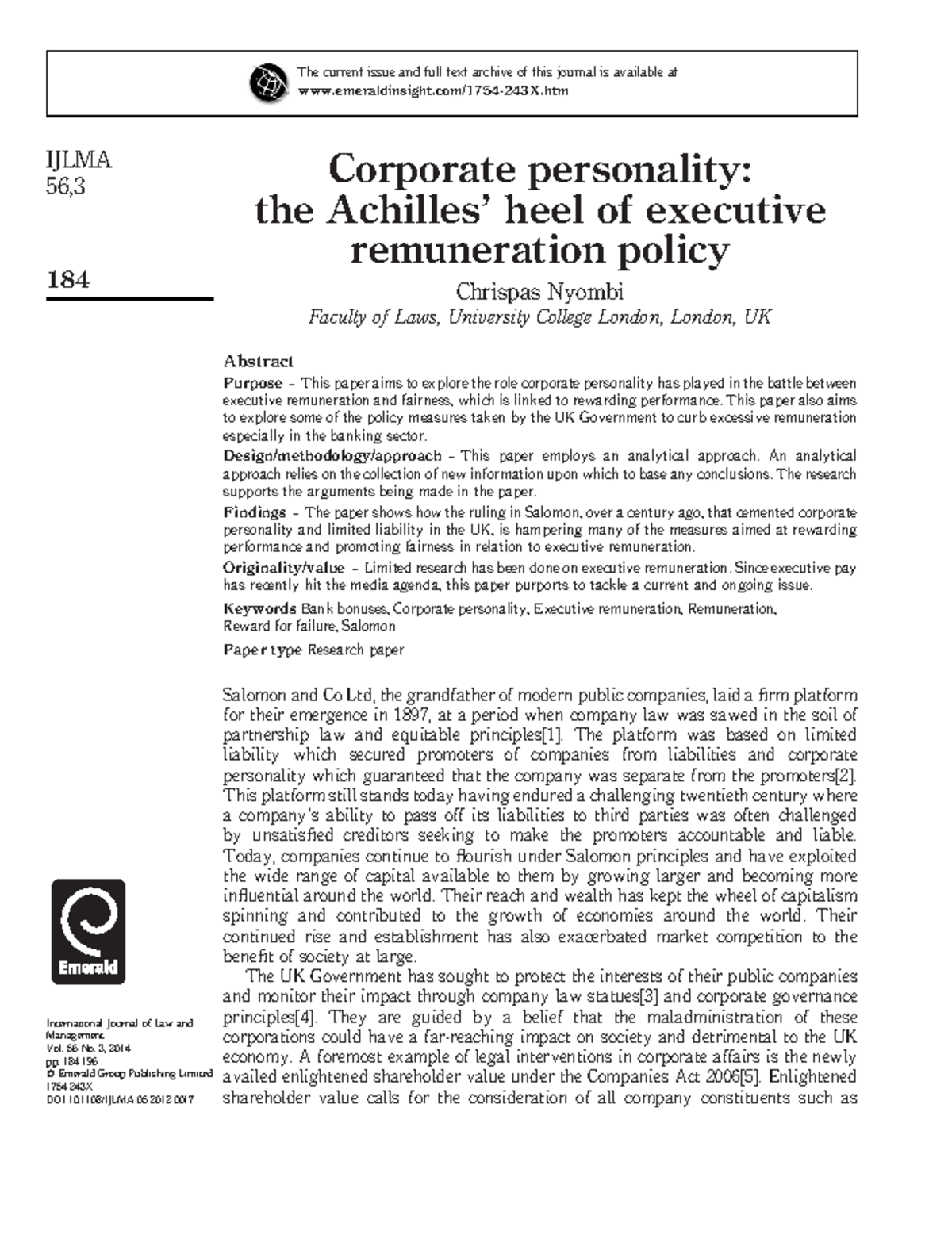 Corporate Personality and Executive Remuneration: Analyzing Policy ...