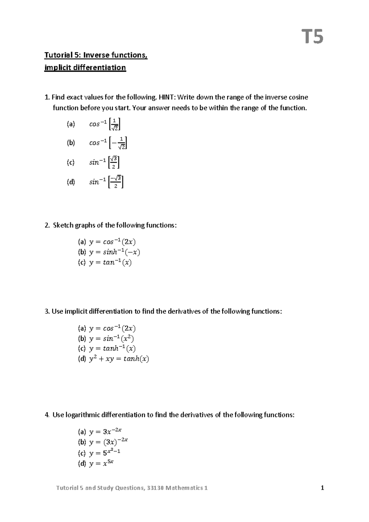 33130 T5 Study Notes on Inverse Functions & Differentiation - Studocu