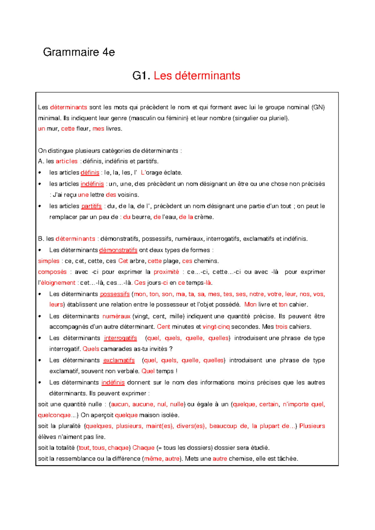 Grammaire 4e G1 : Les Déterminants et Leur Utilisation - Studocu