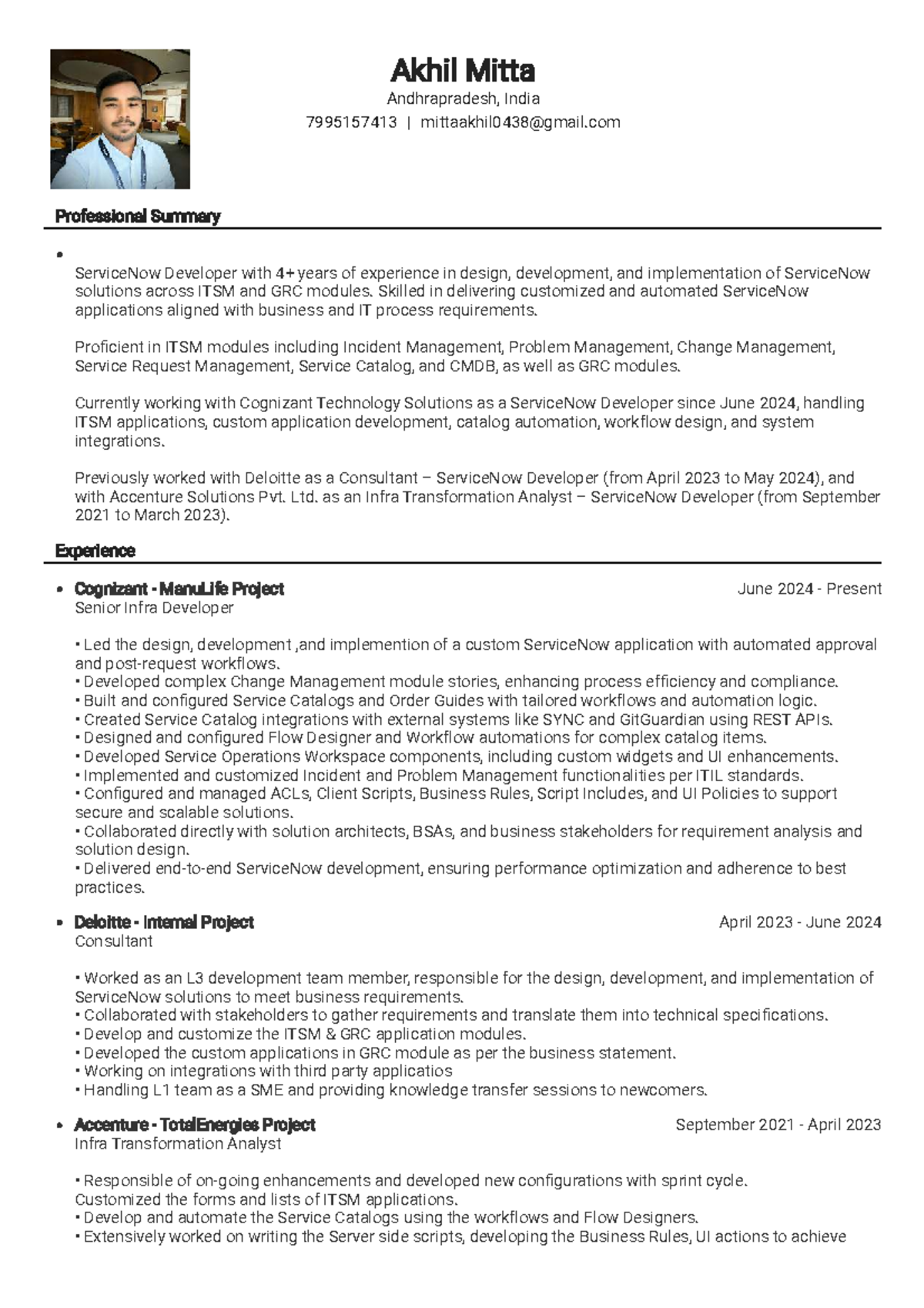 ServiceNow Developer CV - Professional Summary & Experience - Studocu