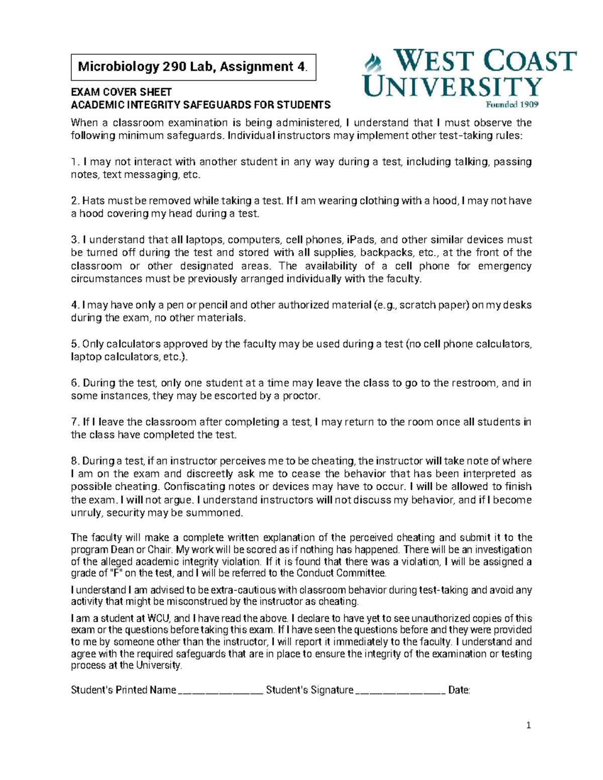 Microbiology 290 Lab: Assignment 4 - Exam Integrity & Exercises 14-16 ...
