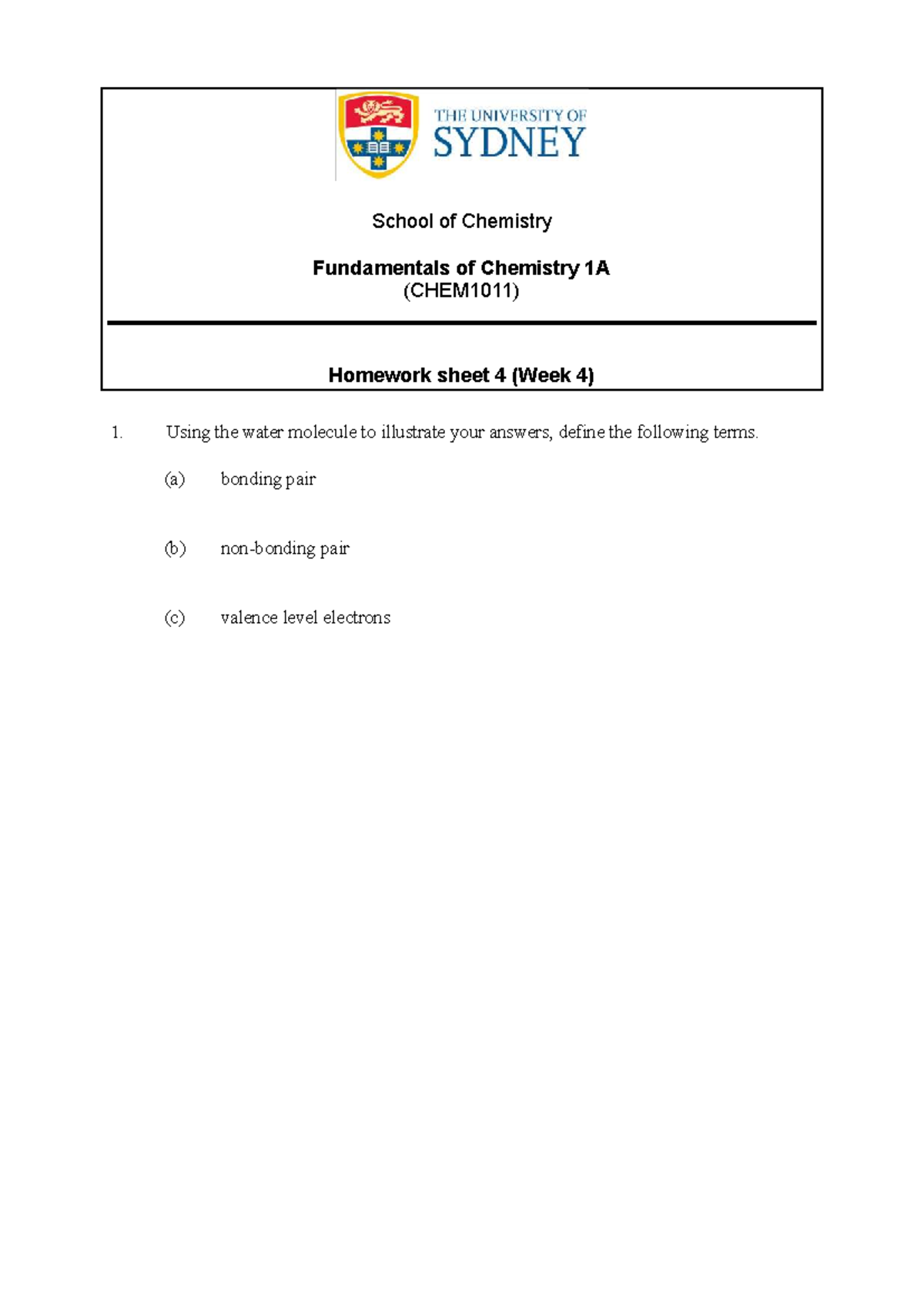 Fundamentals of Chemistry 1A (CHEM1011) Homework Sheet 04 - Studocu
