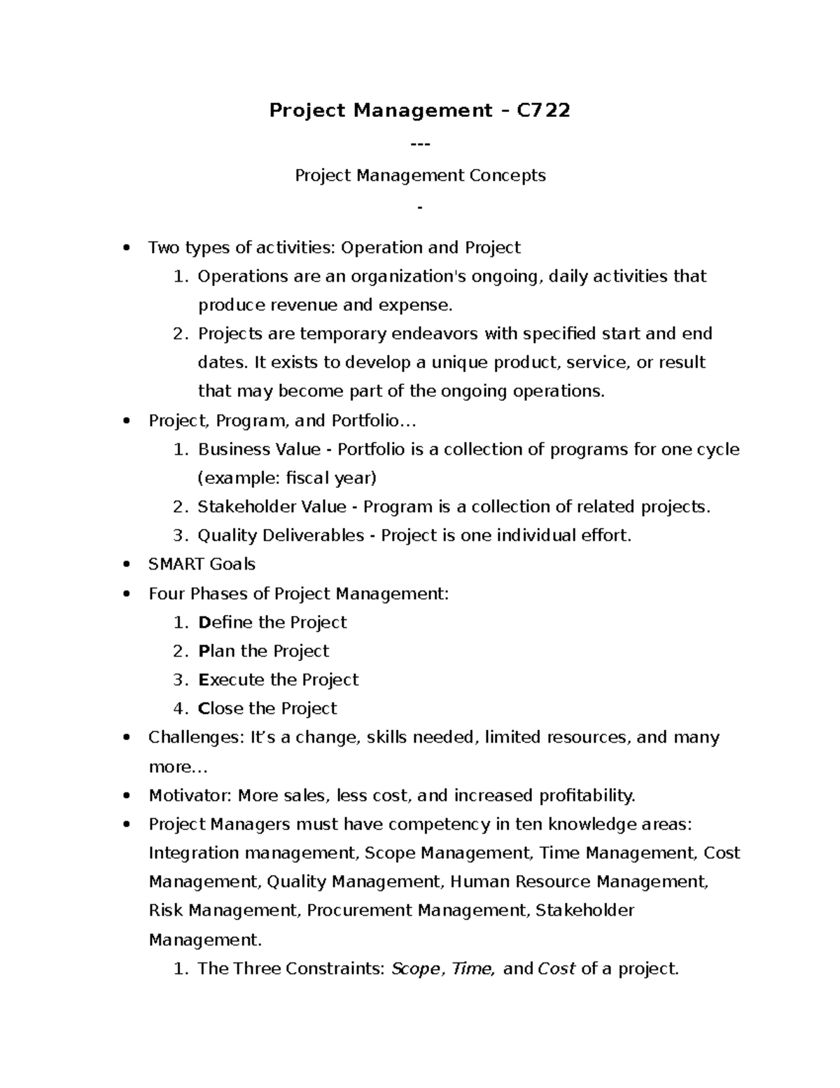 Project Management Notes - Concepts, Life Cycle, and Selection Criteria ...