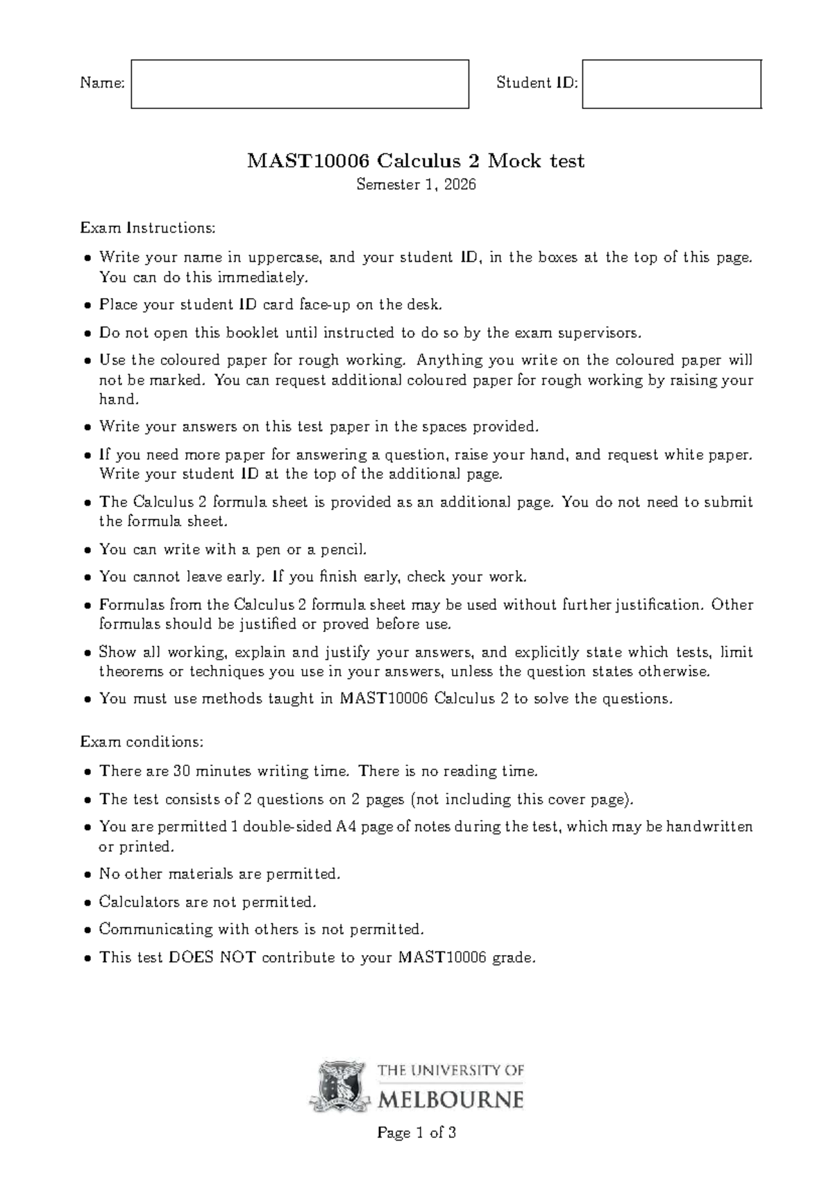 MAST10006 Calculus 2 Mock Test - Semester 1, 2026 - Studocu