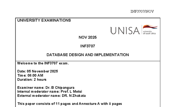 INF3707 DATABASE DESIGN & IMPLEMENTATION EXAM NOV 2025 - Studocu