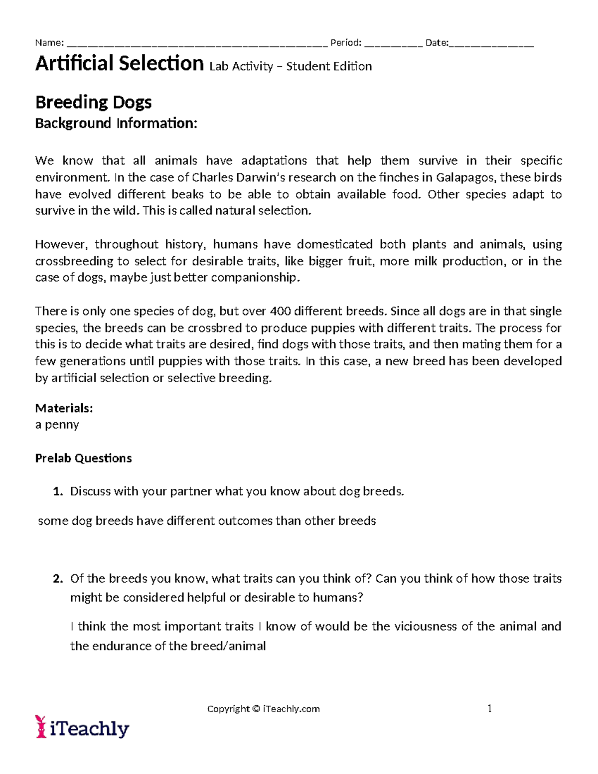 Artificial Selection Lab Activity: Breeding Dogs (Copy) - Studocu