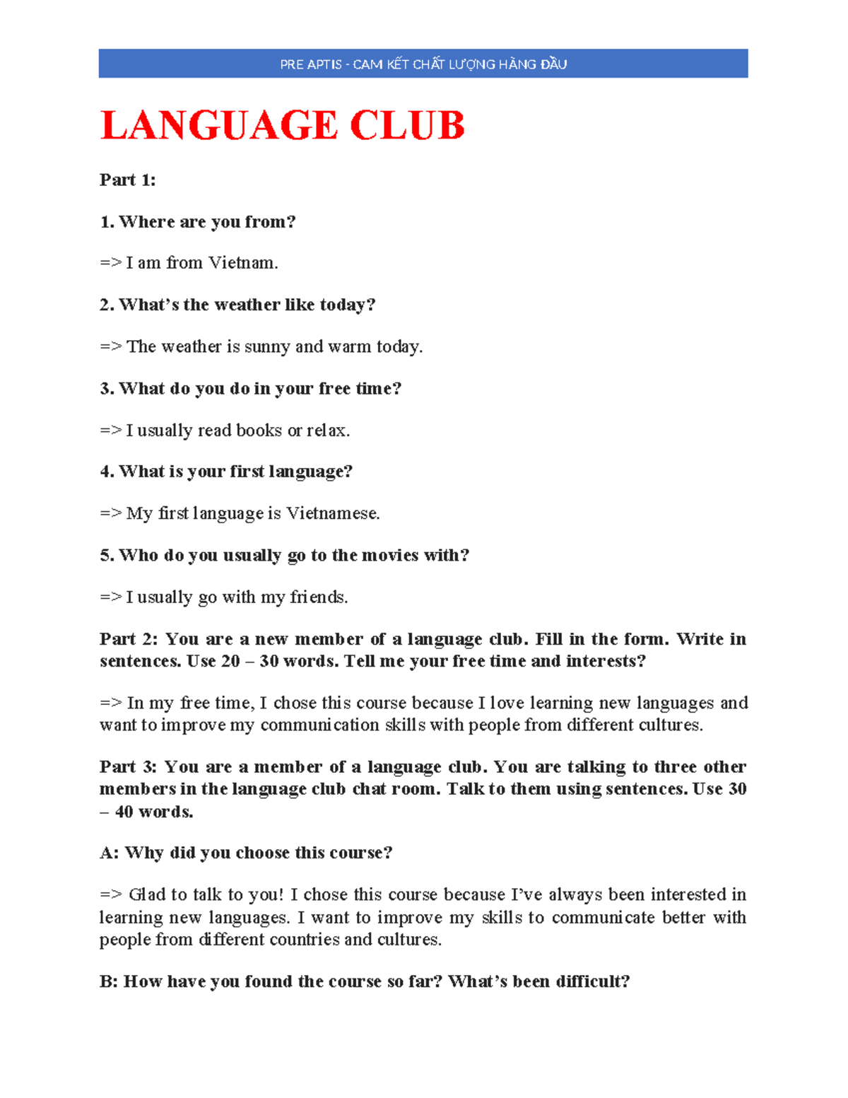 PRE APTIS LANGUAGE CLUB: Engaging Conversations & Course Insights - Studocu