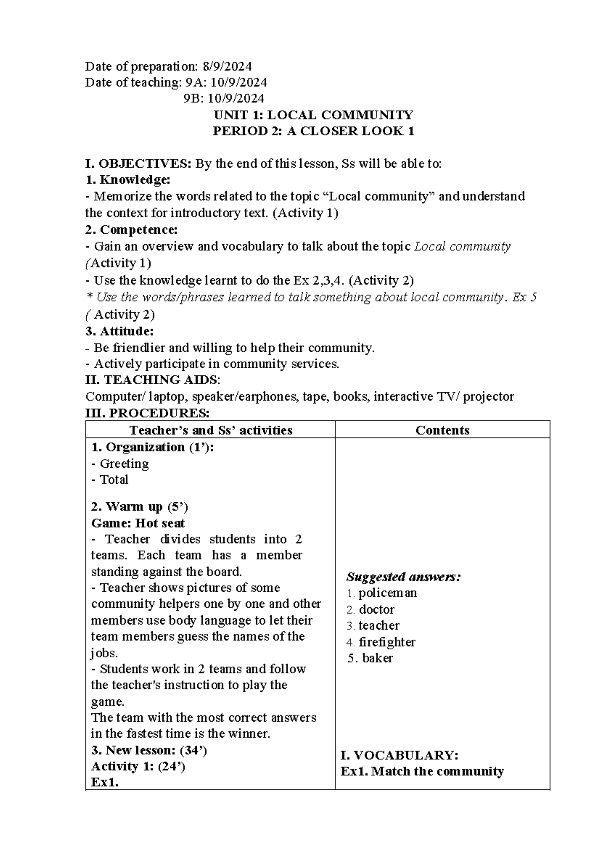 P2: Unit 1 - A Closer Look 1: Local Community Lesson Plan - Studocu