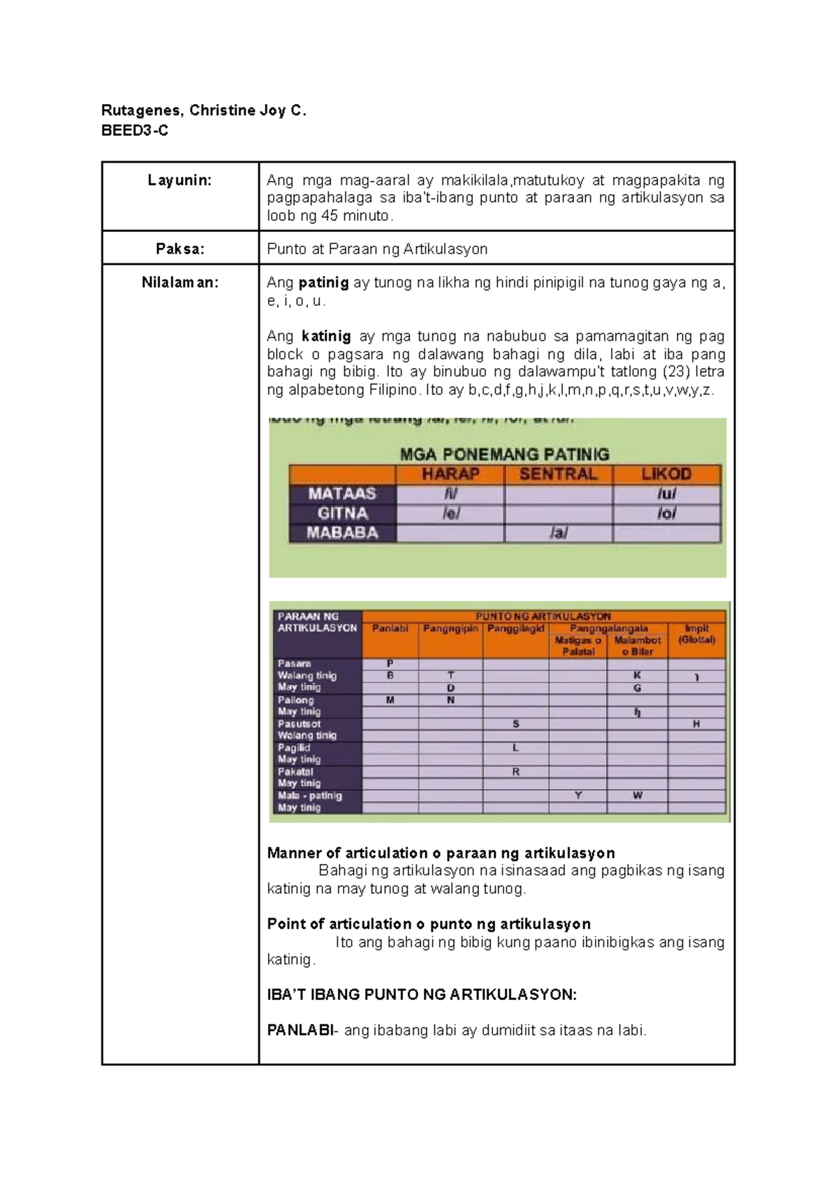Artikulasyon Handout | BEED3-C | Manner and Point of Articulation - Studocu