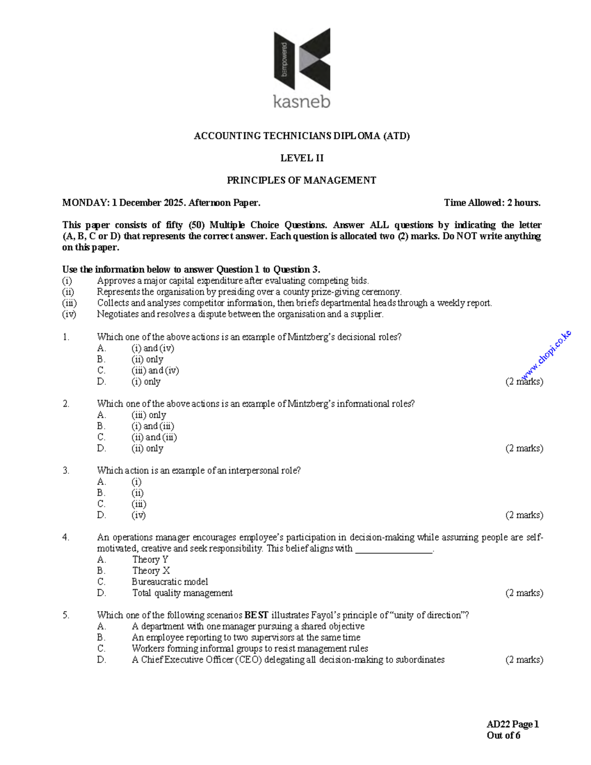 ATD Level II Principles of Management: Past Exam Papers and MCQs - Studocu